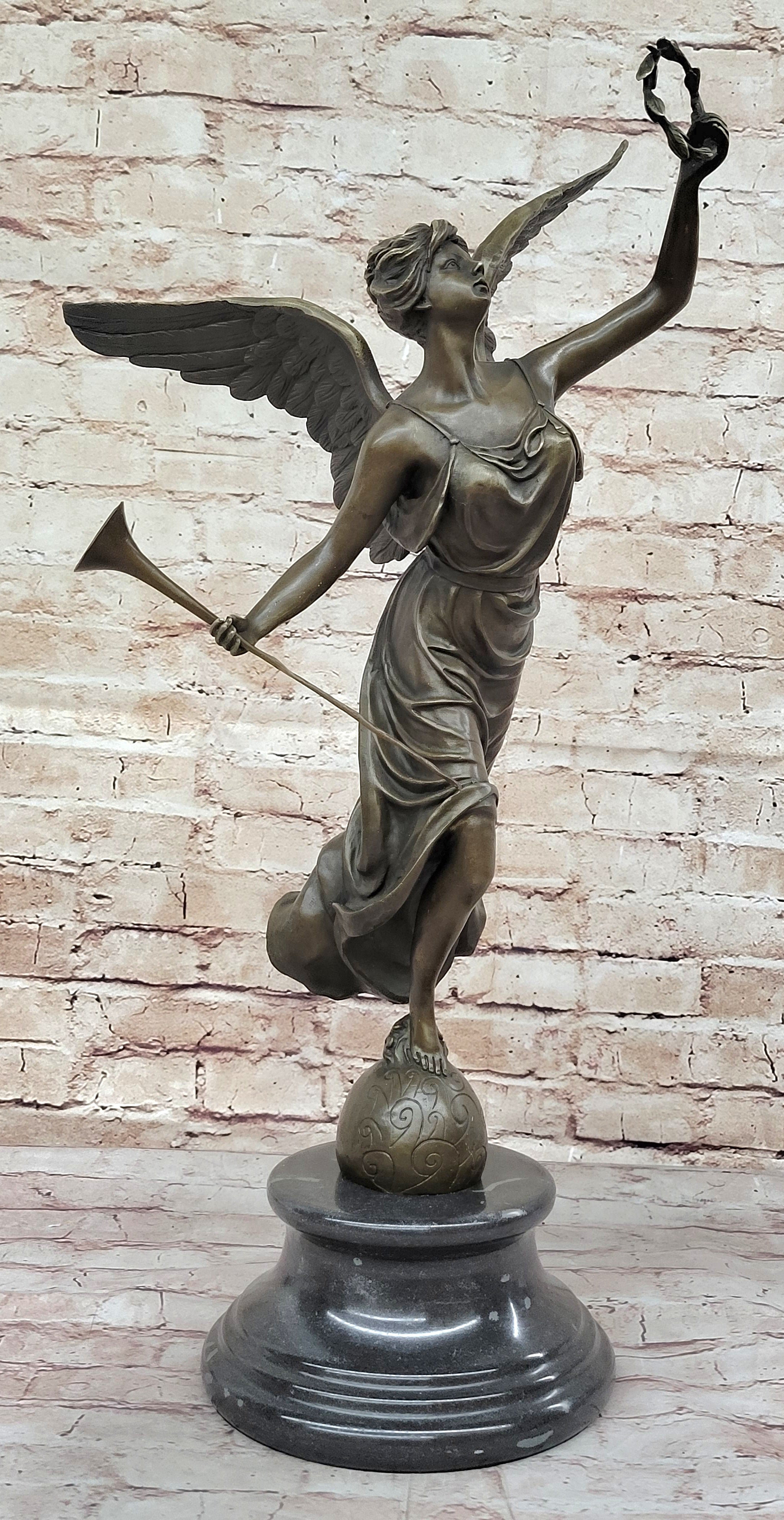 Trinx Angel Winged Female Figure Holding Wreath Trumpet Horn Bronze ...