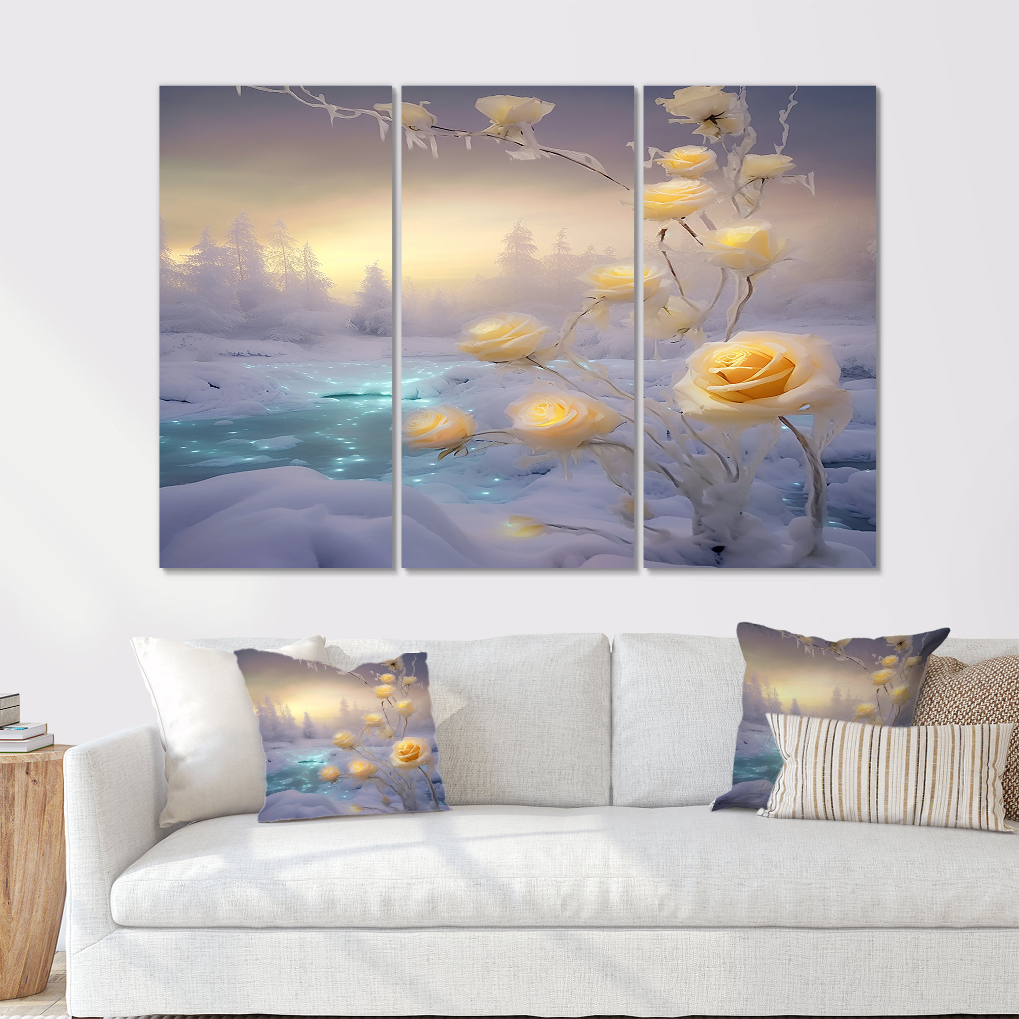 Design Art Yellow Rose Sunset Glowing Winter Field - Roses Wall Art ...
