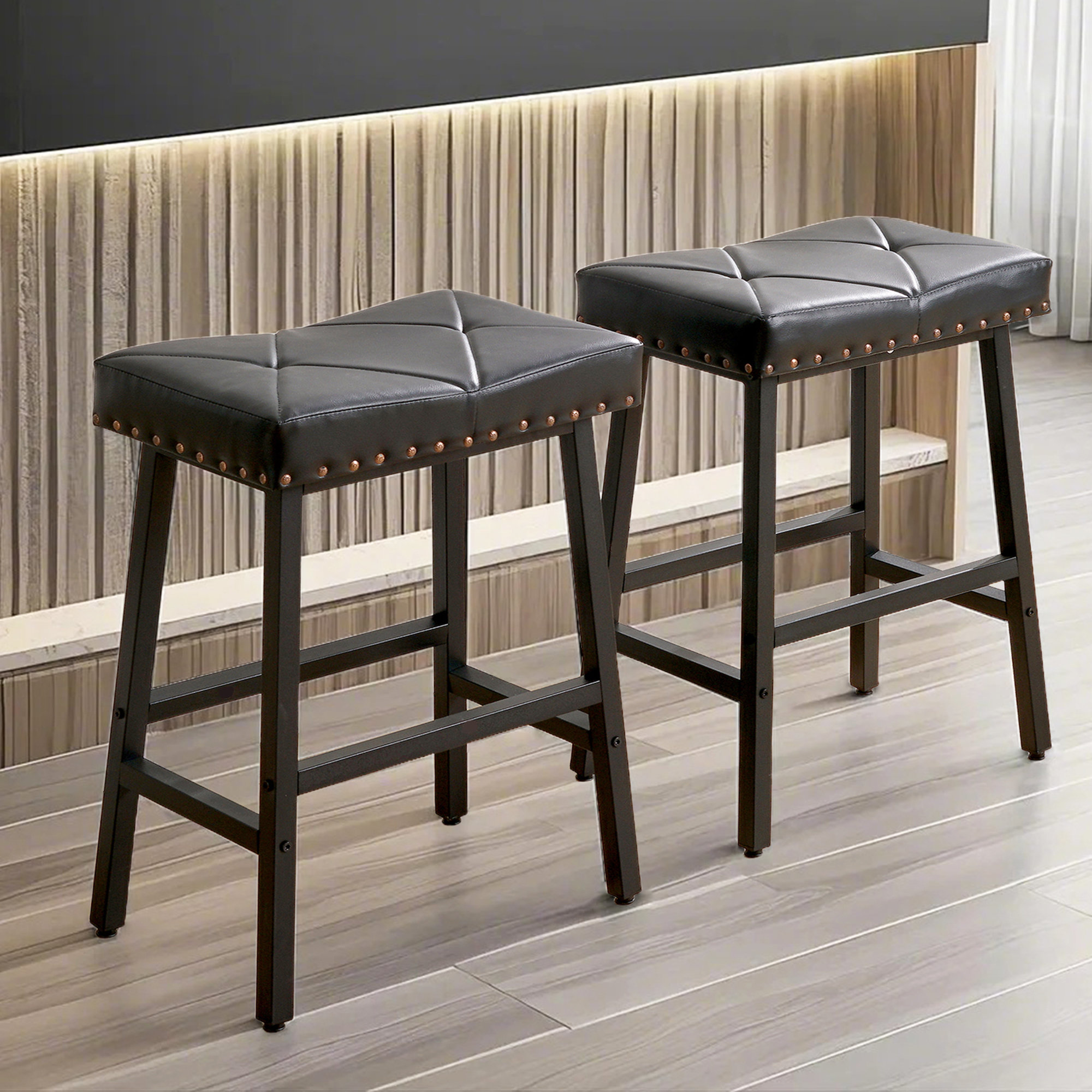 Lark Manor™ 25" Tall Upholstered 2 Pack Black Accent Stools Kitchen ...