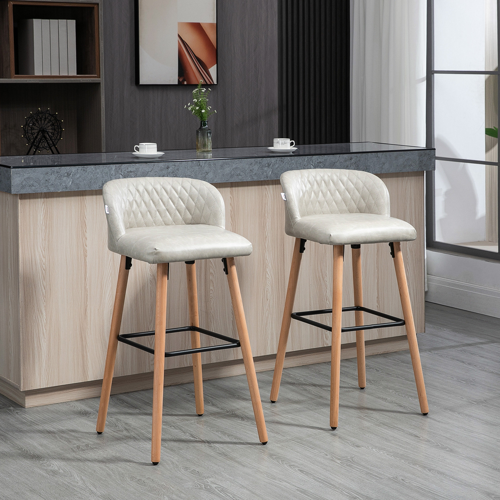 HOMCOM Bar Stool Set Of 2, PU Leather Padded Counter Height Bar Stools ...