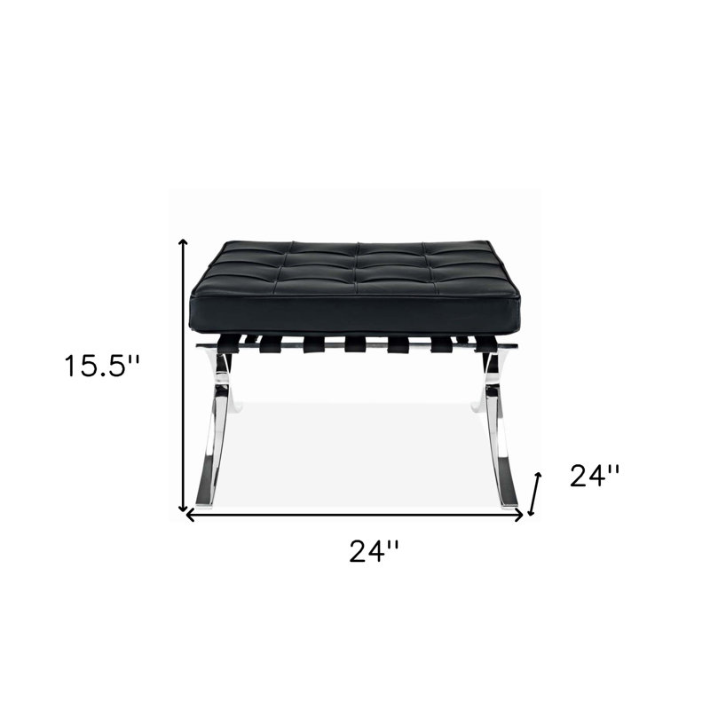 HomeRoots 24" Black Genuine Leather and Silver Tufted Footstool Ottoman ...