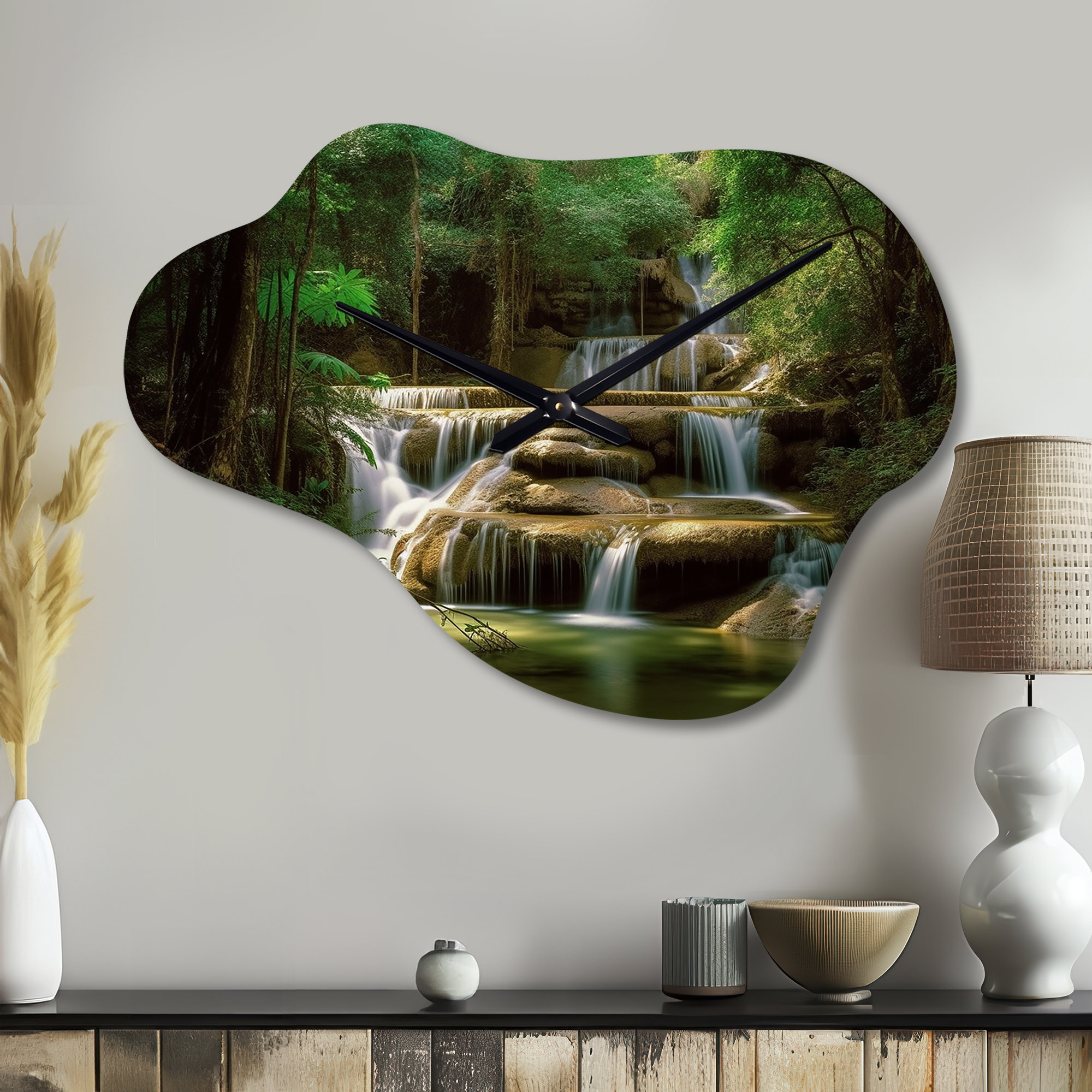 Design Art Waterfall In Dense Forest I - Cloud Shape Green Wall Clock ...