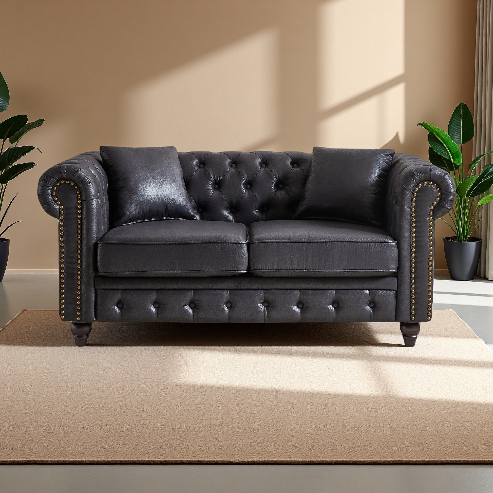 Mercer41 63.5" Contemporary Design Chesterfield Sofa, Tech Fabric ...