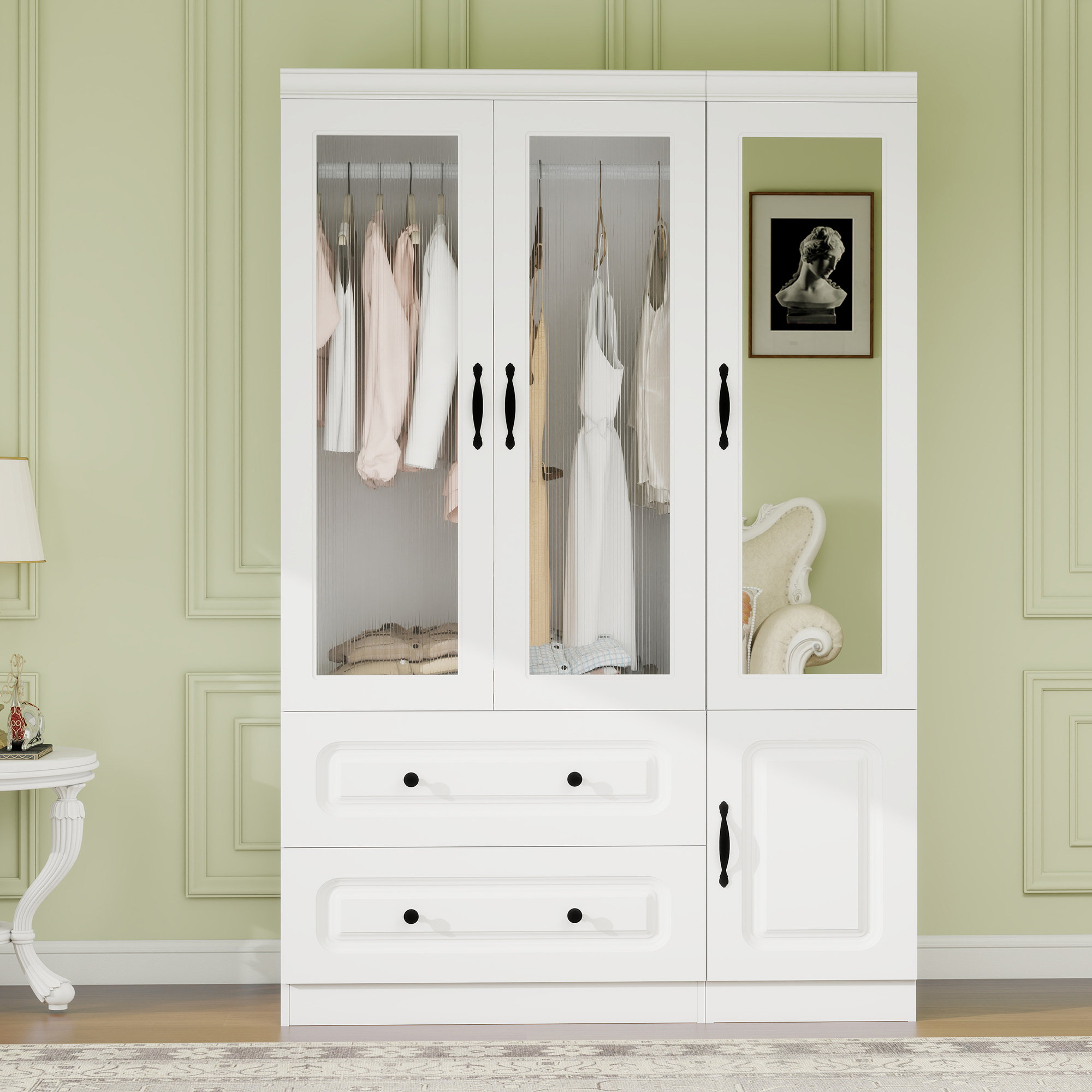 Lark Manor™ White Armoire Wardrobe Closet 3-Door, Black Handles, Glass ...