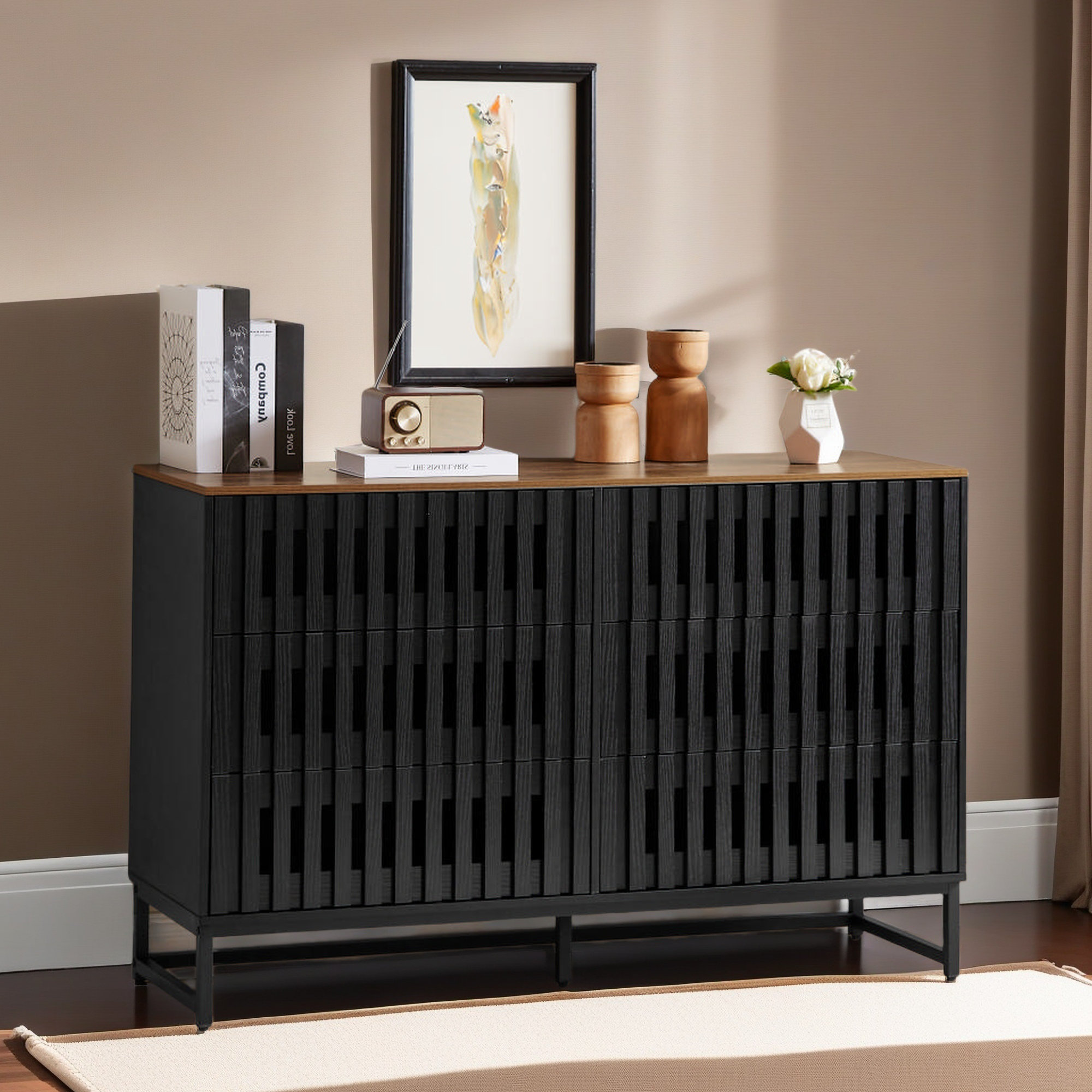 17 Stories Commode double 6 tiroirs avec grille à lattes rayée, commode ...