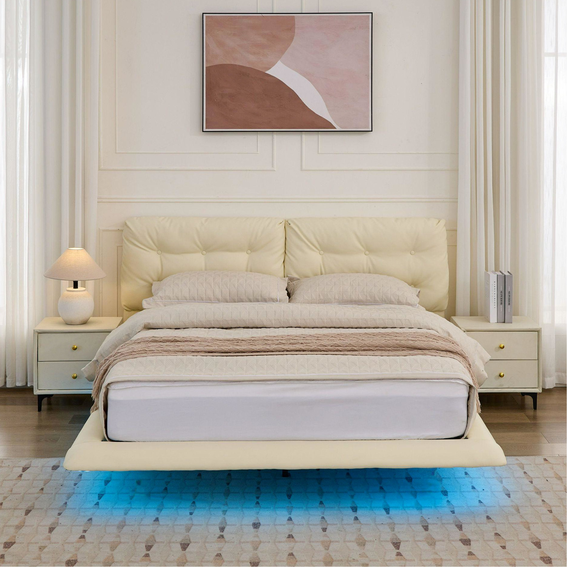 Ivy Bronx White Queen Size Bed Frame With Led Lights, Upholstered ...