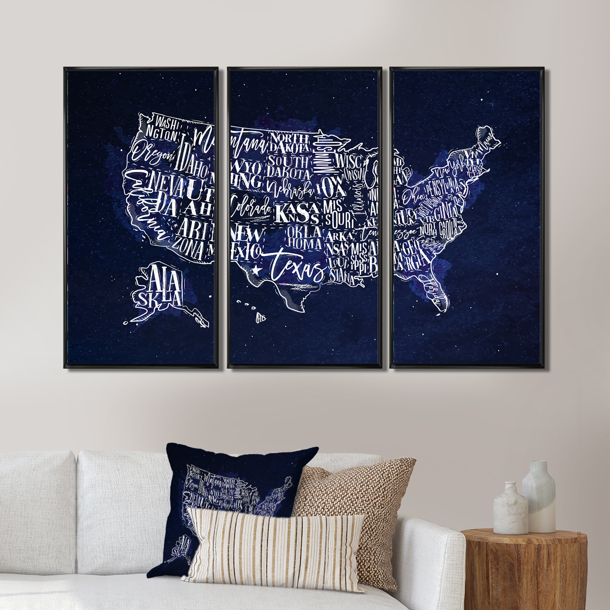 17 Stories United States Blue Vintage Map - Maps Framed Canvas Wall Art ...