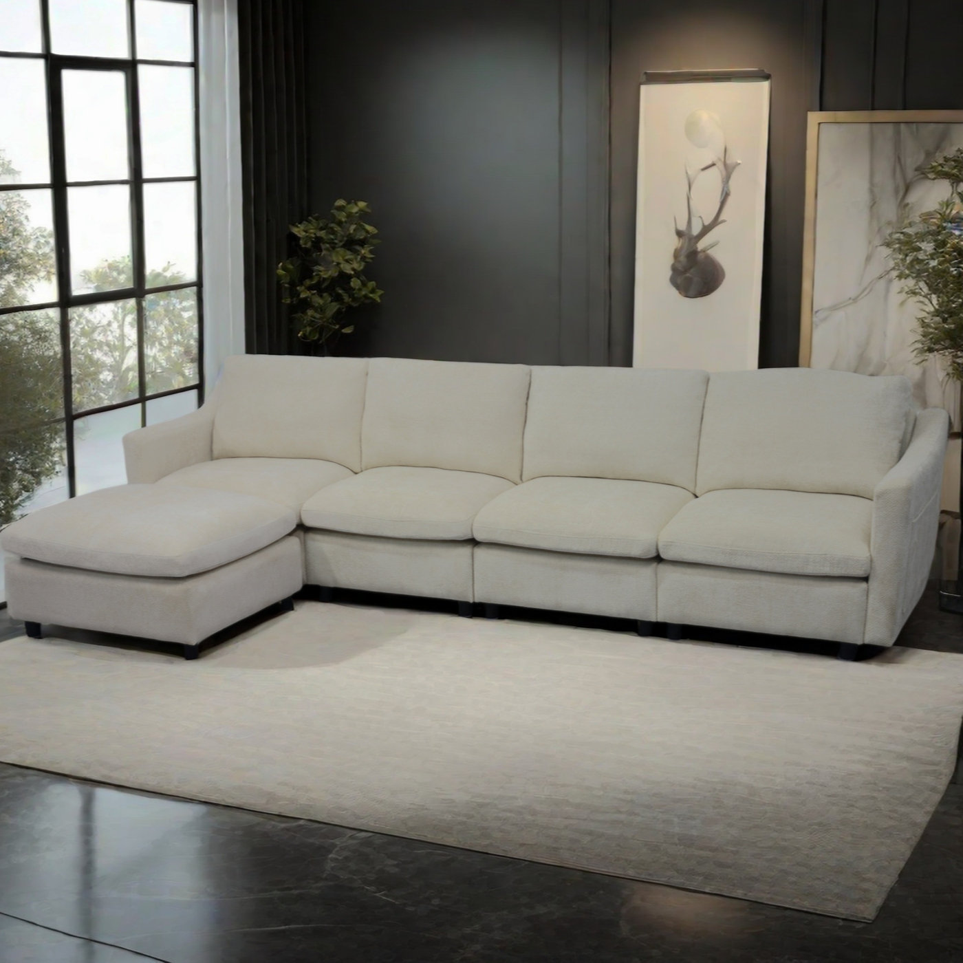Latitude Run® 4-Seater Fabric Modular Cloud Sofa With Ottoman, Armrest Pockets And 4 Pillows ...