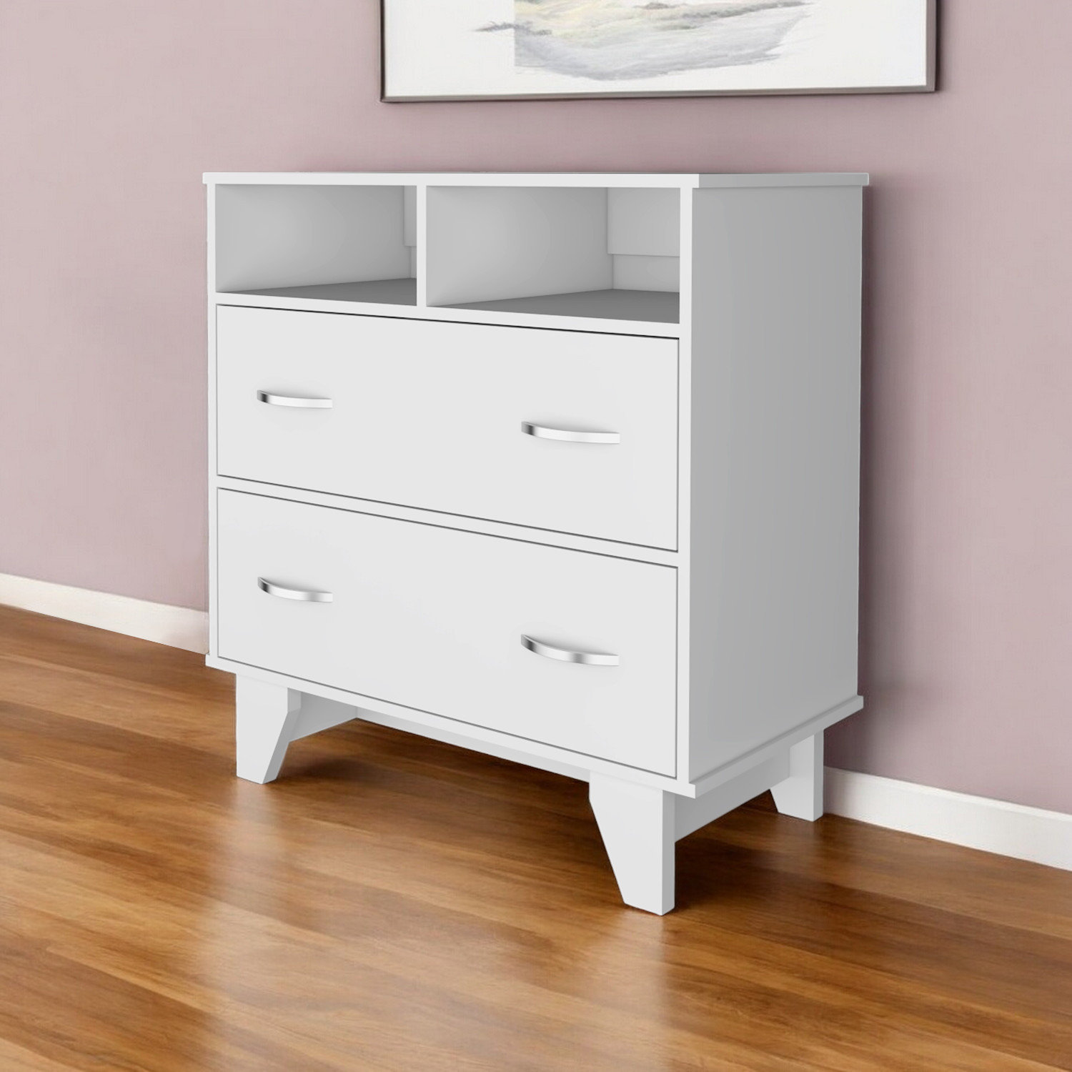 George Oliver 32" White Two Drawer Dresser With Open Shelving | Wayfair