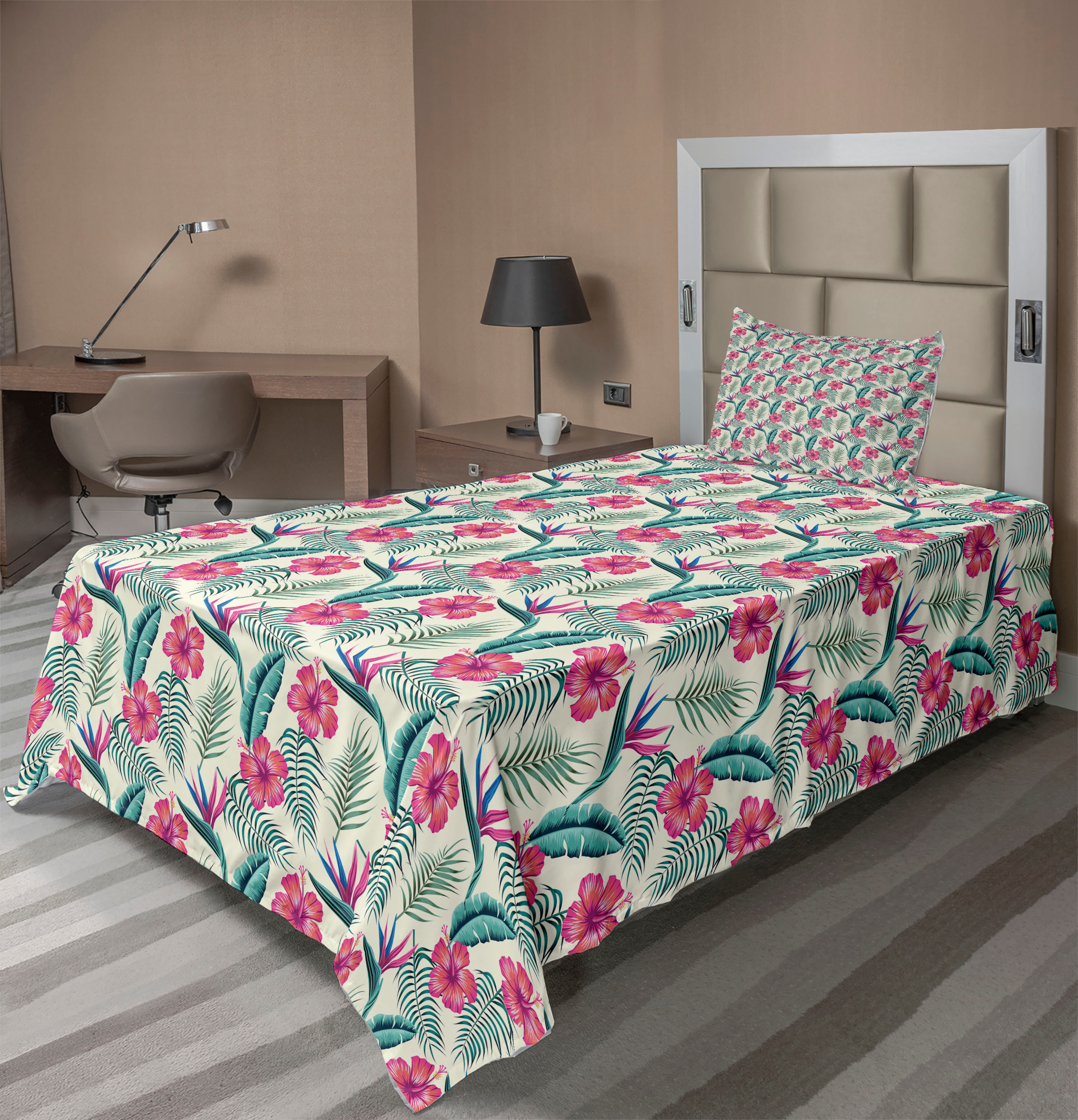 Ambesonne Tropical Sheet Set Hibiscus Strelitzia Flower Laurel Green ...