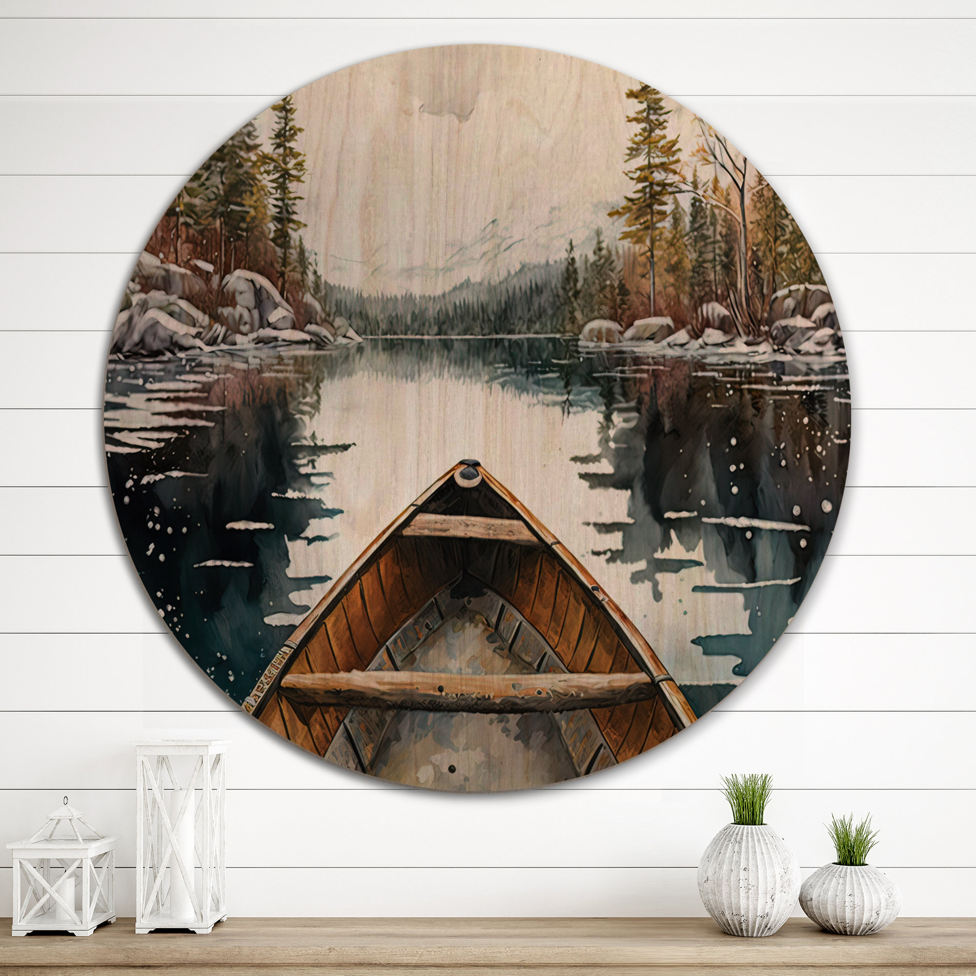 Breakwater Bay Winter Canoe Scenery I - Traditional Grey Wood Print ...