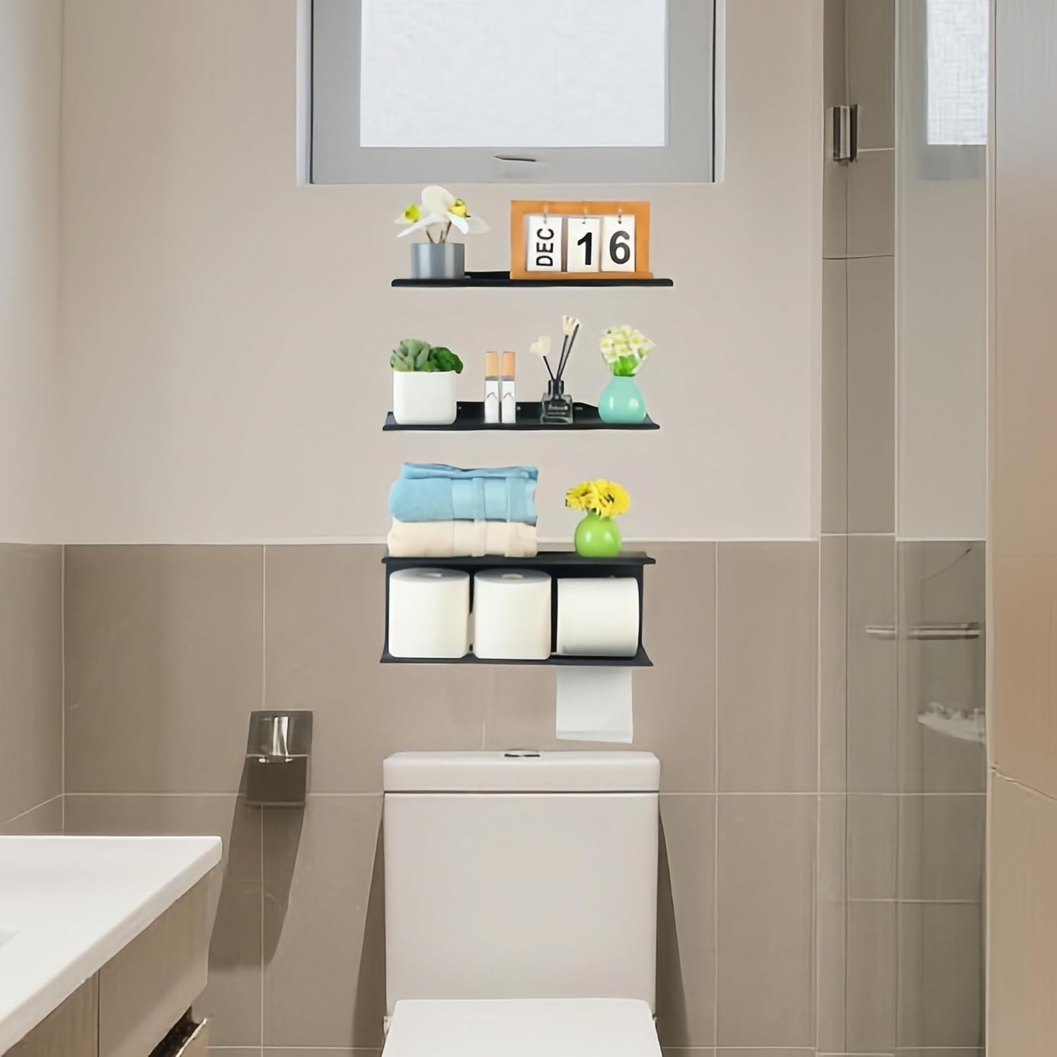 Ivy Bronx Metal Floating Shelves Over Toilet, 2+1 Set Wall Mounted All ...