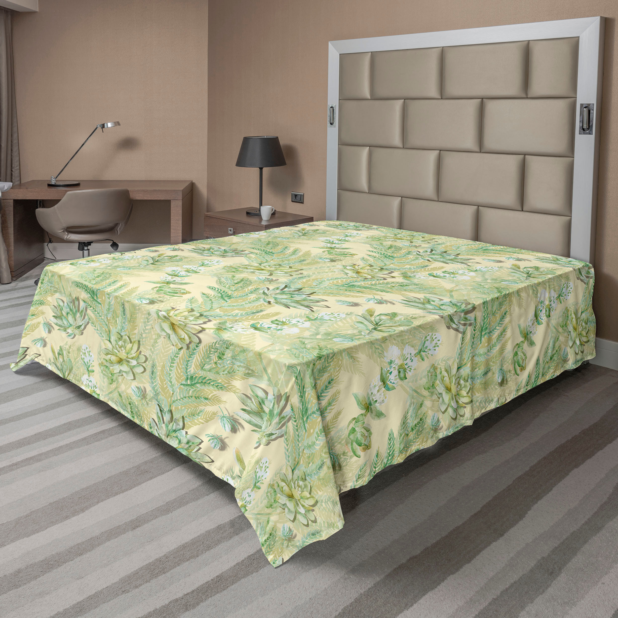 Ambesonne Greenery Flat Sheet Lotus and Fern Leaves Art Peacock Green ...