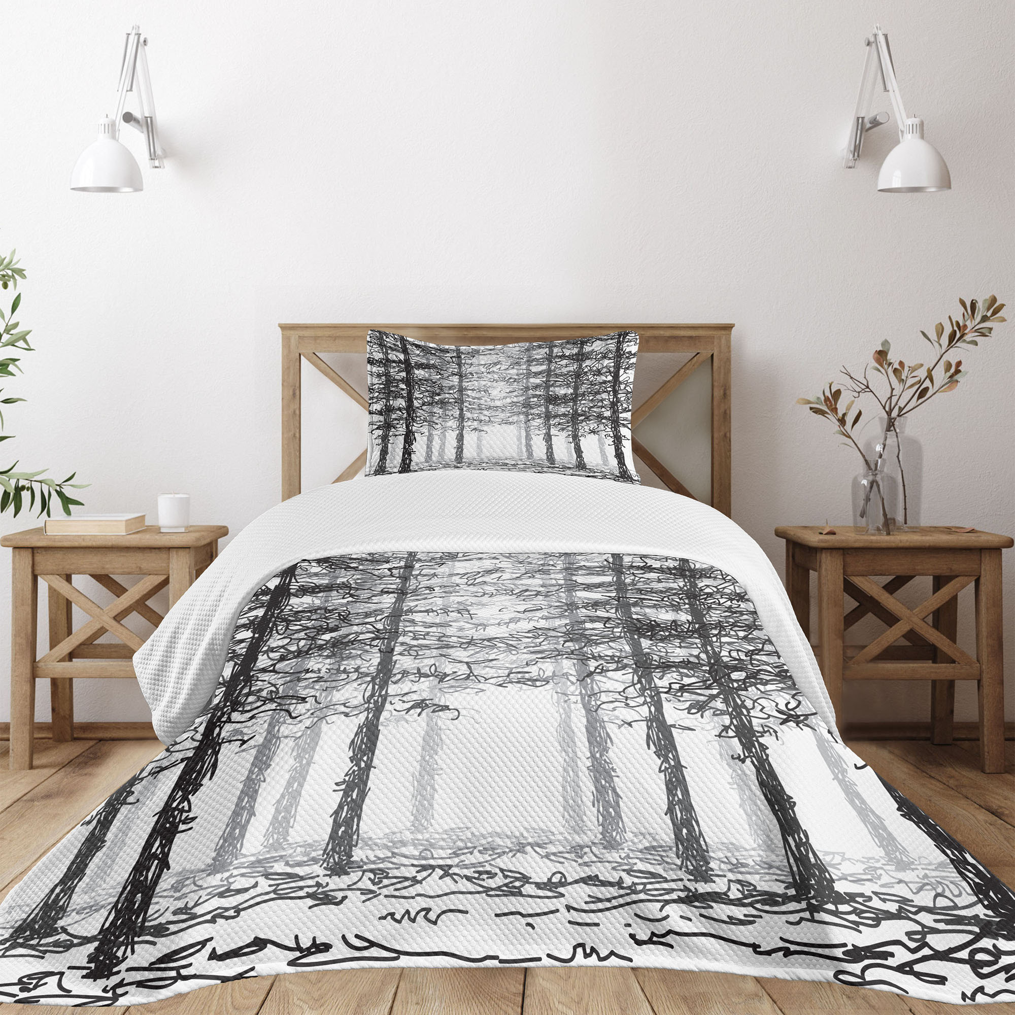 Ambesonne Forest Bedspread Set Sketch Style Line Art Black Grey White ...