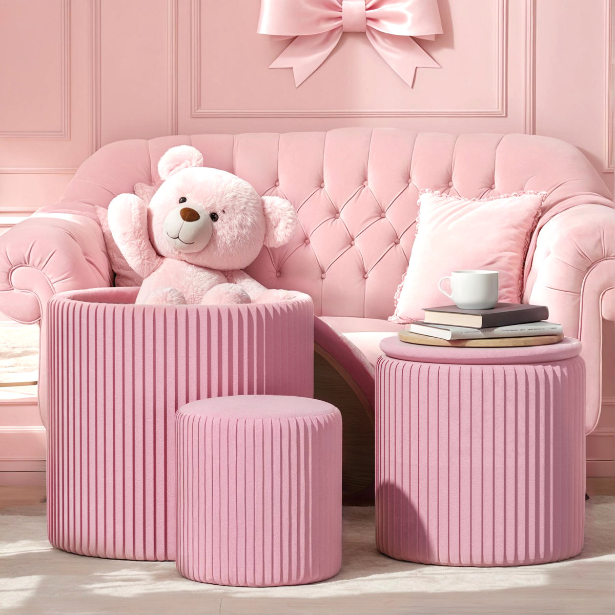 Ebern Designs Ottoman With Storage, Velvet Round Storage Ottoman Set Of ...