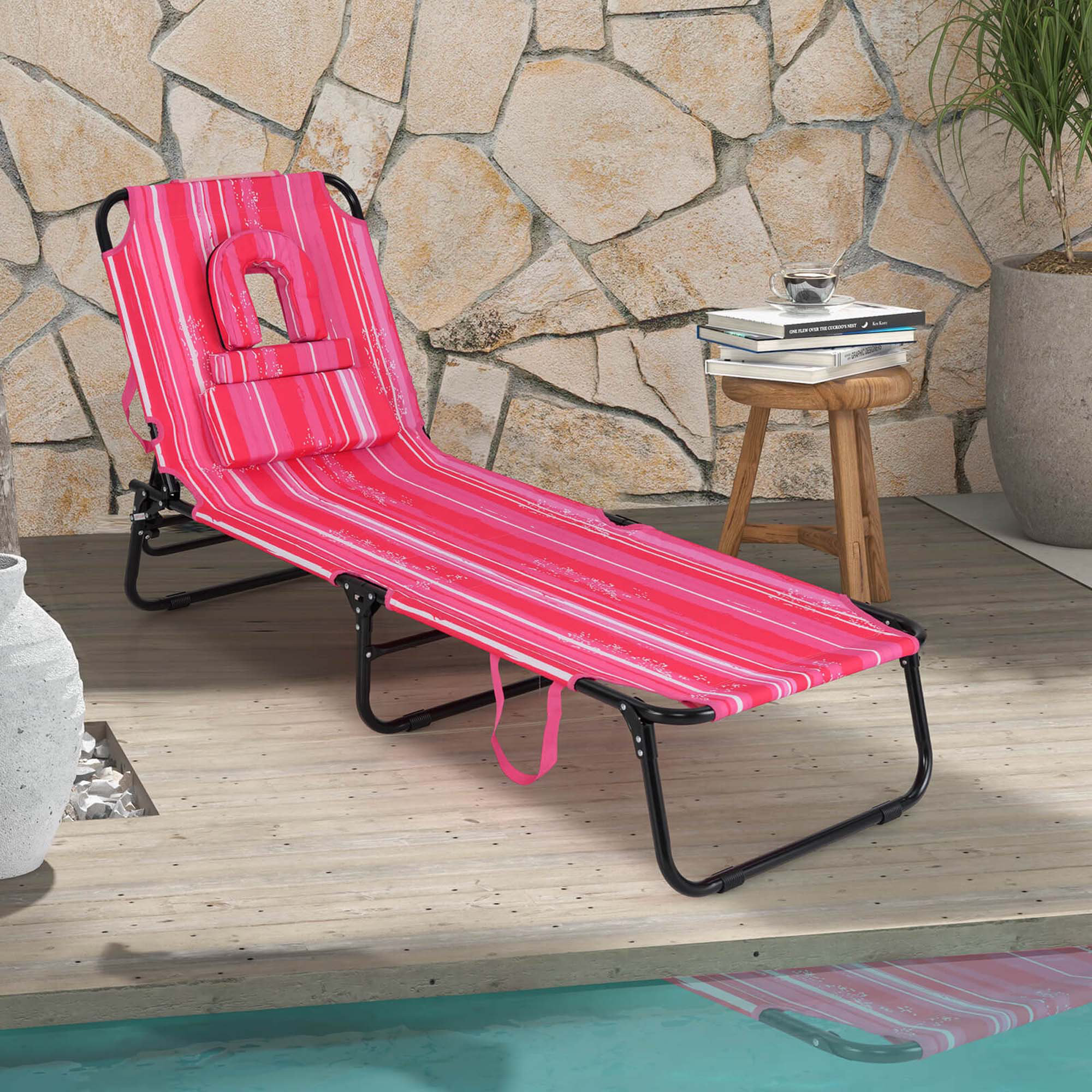 Arlmont & Co. Beach Chaise Lounge Chair With Face Hole Pillows & 5 ...