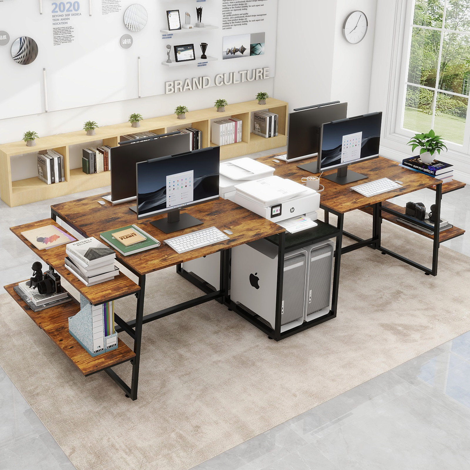 17 Stories Two Person Desk With Storage Shelves Double Desk With Pc ...