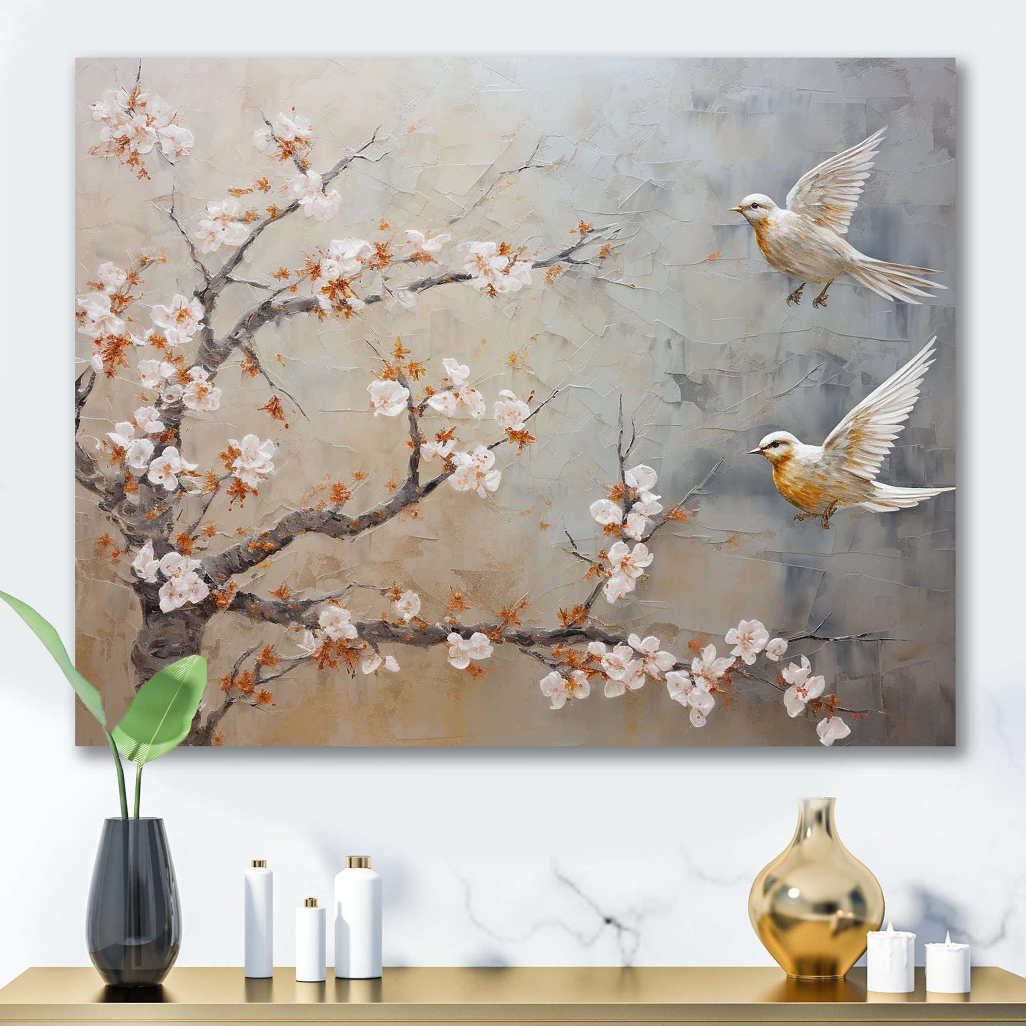 Red Barrel Studio® White And Grey Birds Floral Serenity II - Bird Wall ...