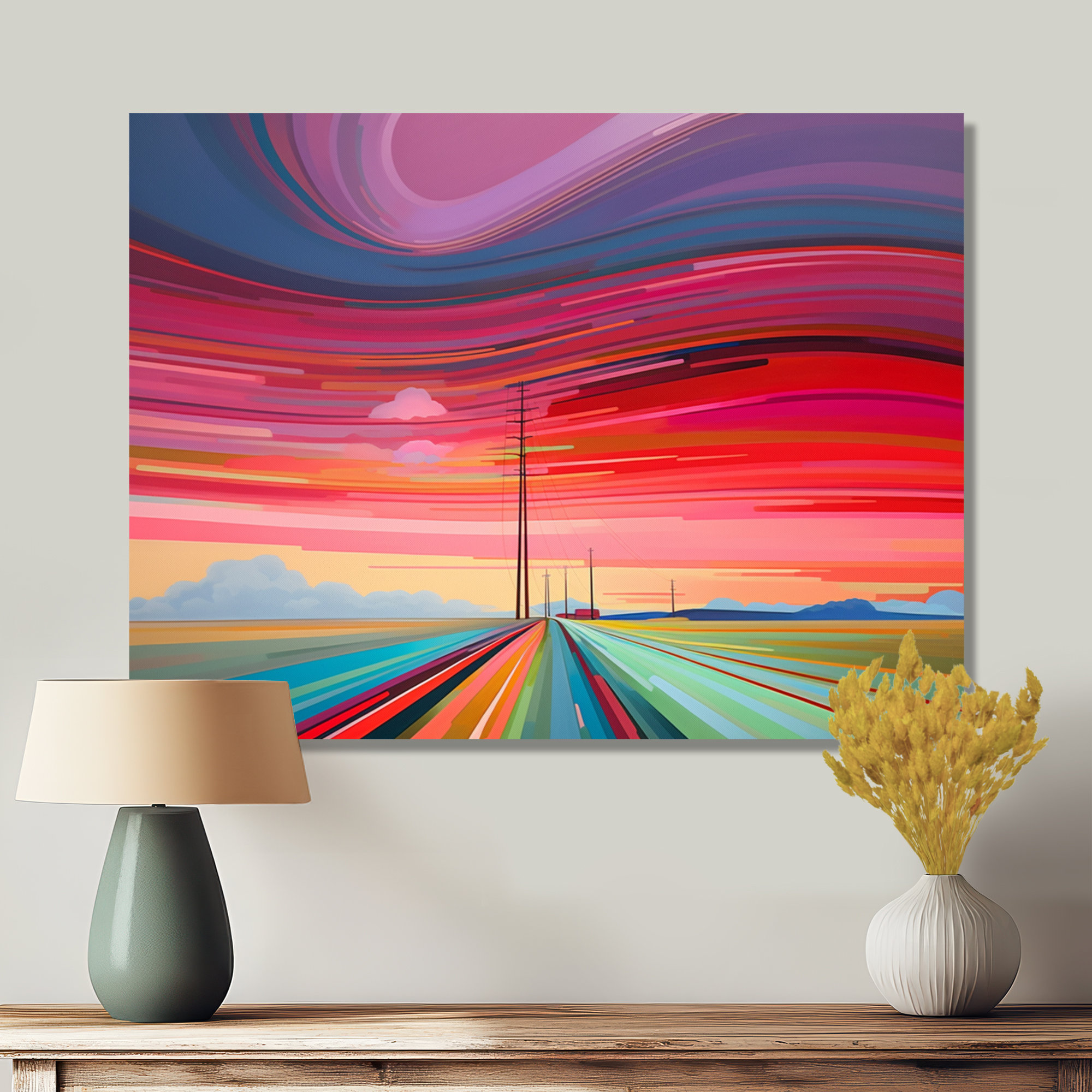 Wrought Studio™ Red Sunset Mimal Country Road Horizontal Waves ...