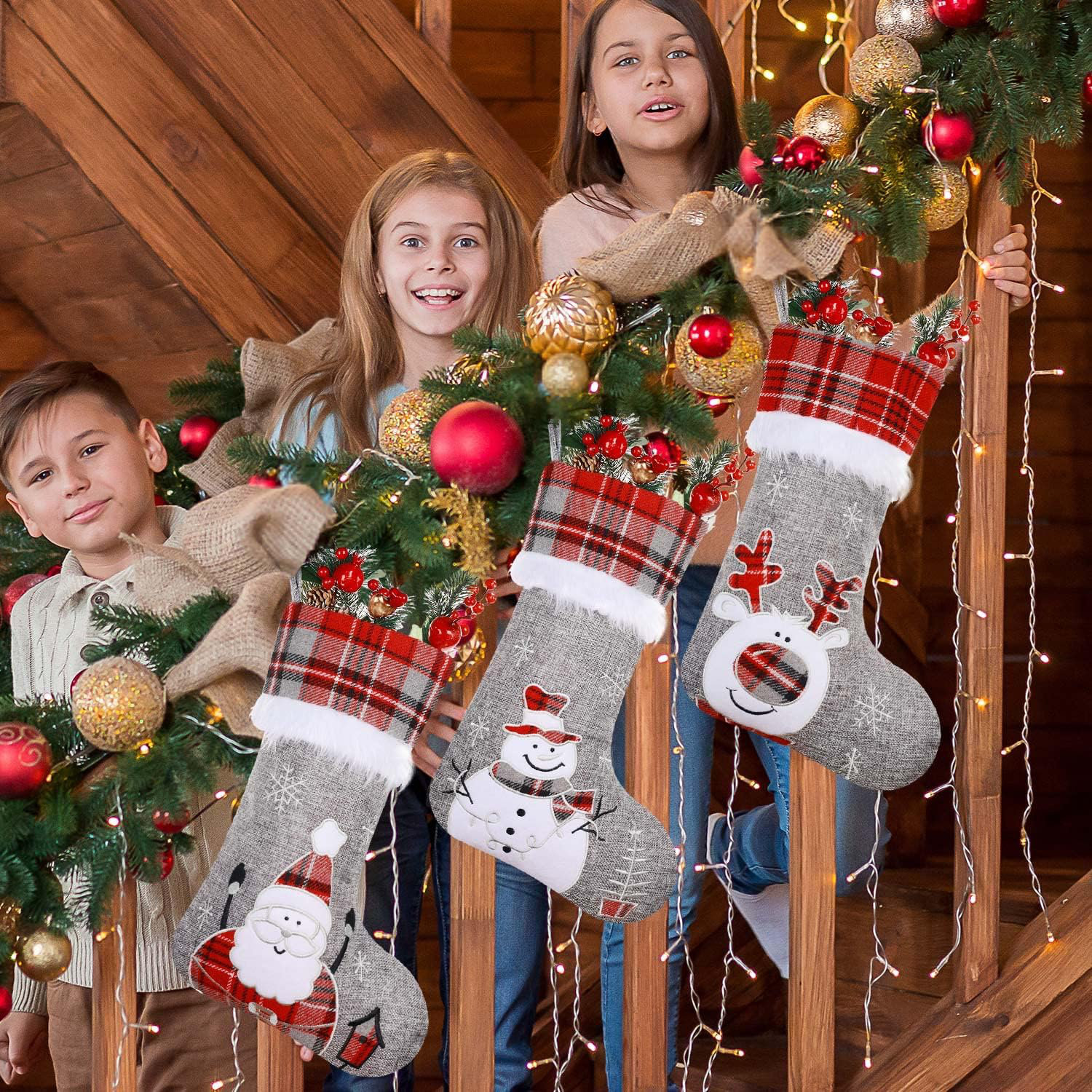 AMIBZ Christmas Stockings 3 Pack,Plaid Embroidered Cute Santa Snowman ...