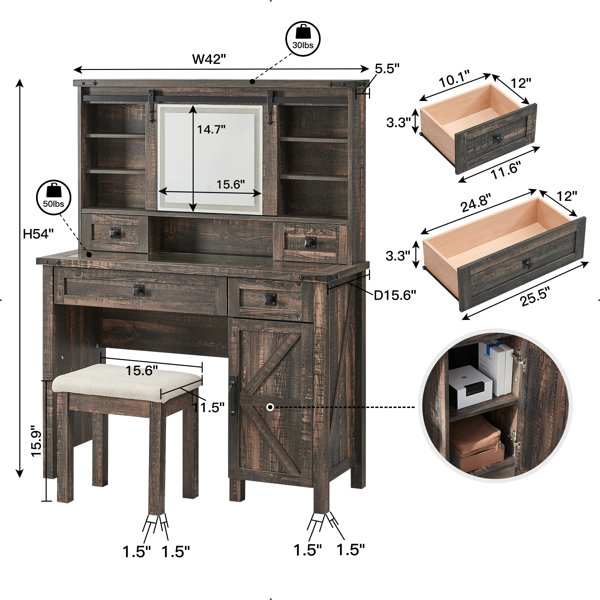 Gracie Oaks Valyre 42"W Farmhouse Makeup Vanity With Sliding LED Mirror ...