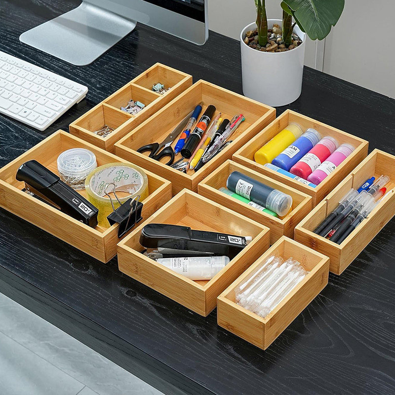 Hokku Designs Drawer Organizer,Set of 9 Bamboo Wood Kitchen Makeup Desk ...
