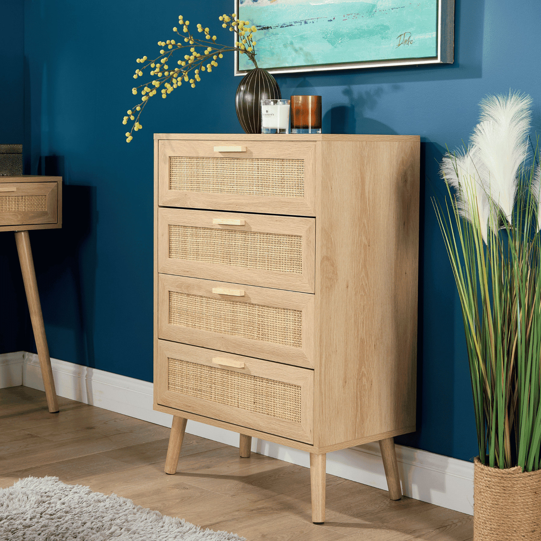 17 Stories Anelise Chest of 4 Drawers Rattan Fronts & Solid Wooden Legs ...