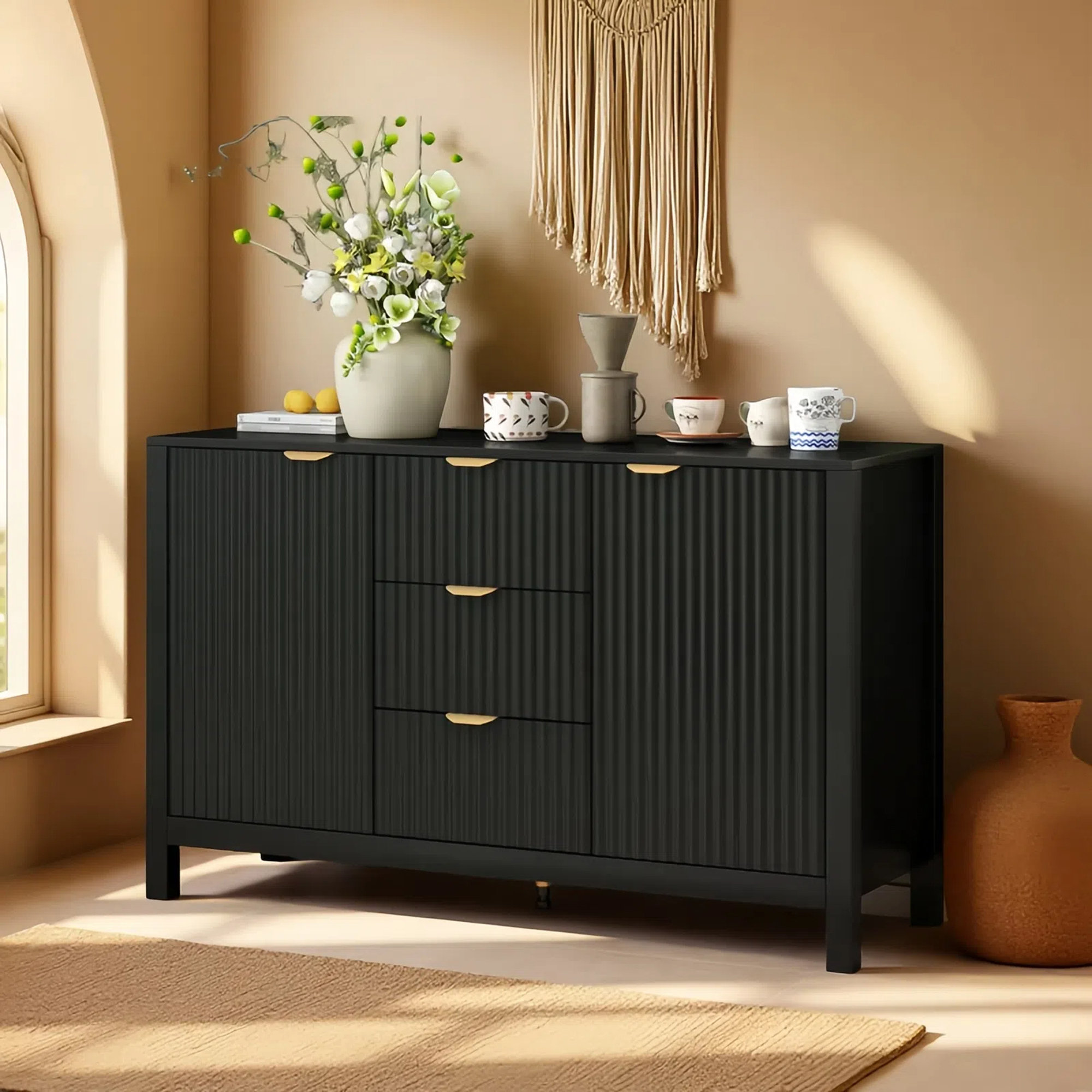 Ebern Designs Modern Wave-Pattern Storage Cabinet - 3-Drawer Entryway ...