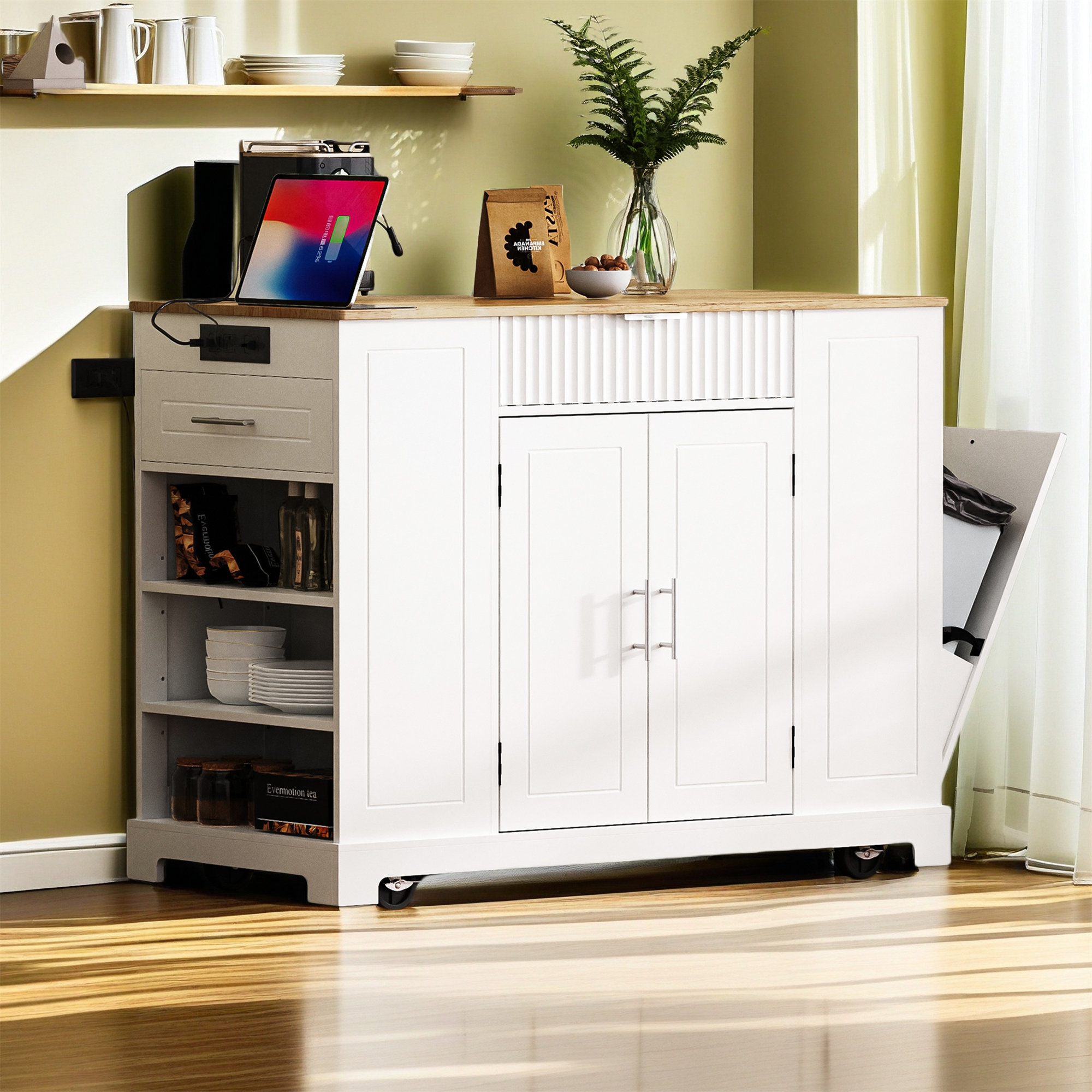 Lark Manor™ Modern Fluted Kitchen Island With Trash Can Storage Cabinet ...