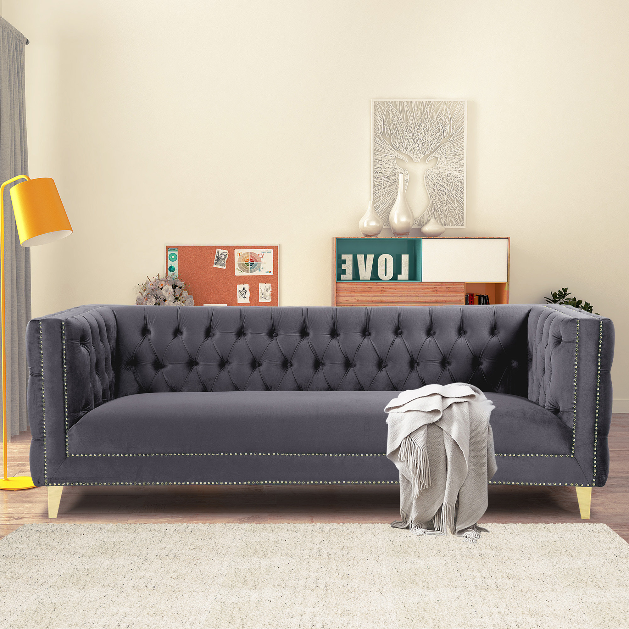 Mercer41 Foxy Velvet Sofa With Gold Steel Base, Fully Assembled ...
