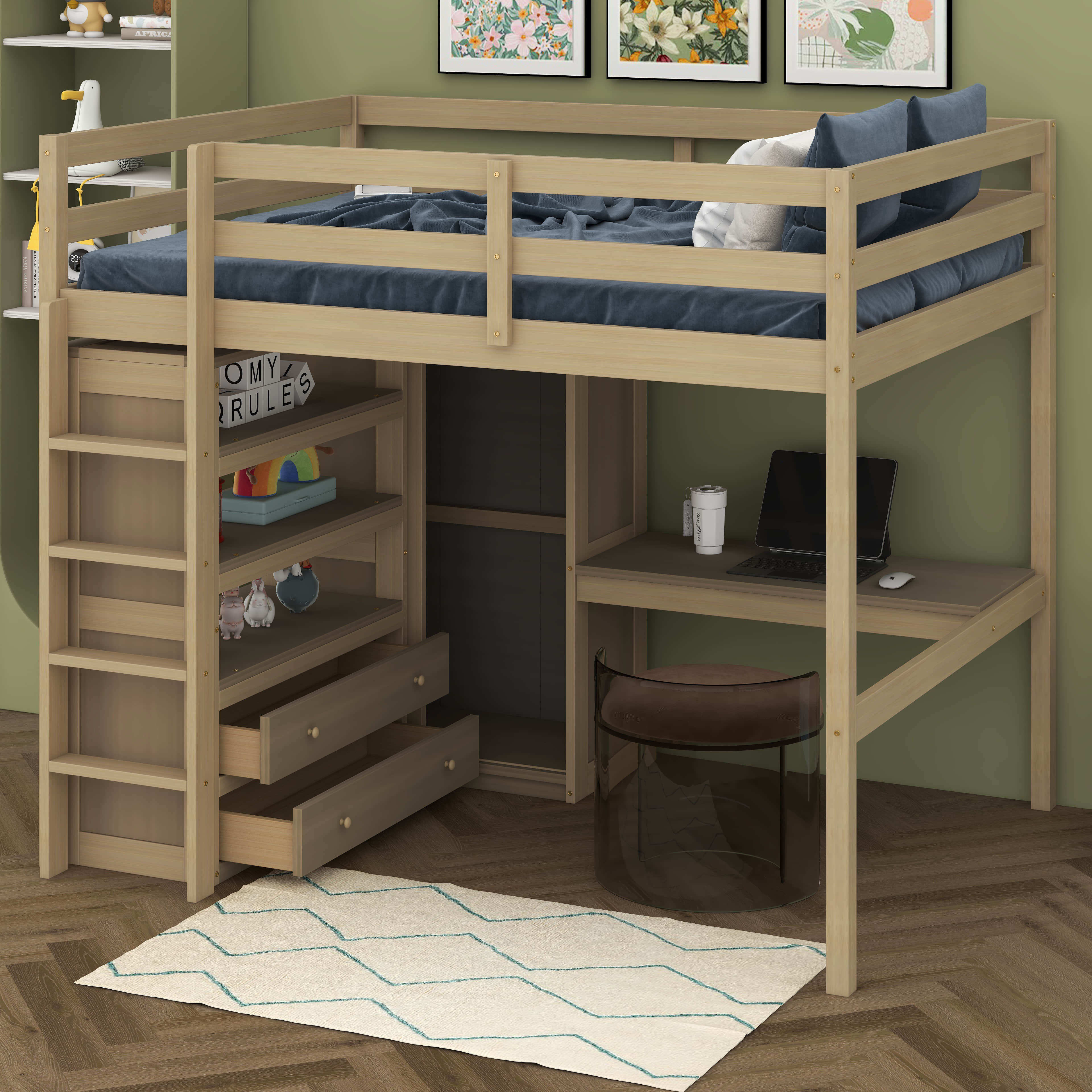 Harriet Bee Wood Full Size Loft Bed With Built-In Wardrobe, Desk ...