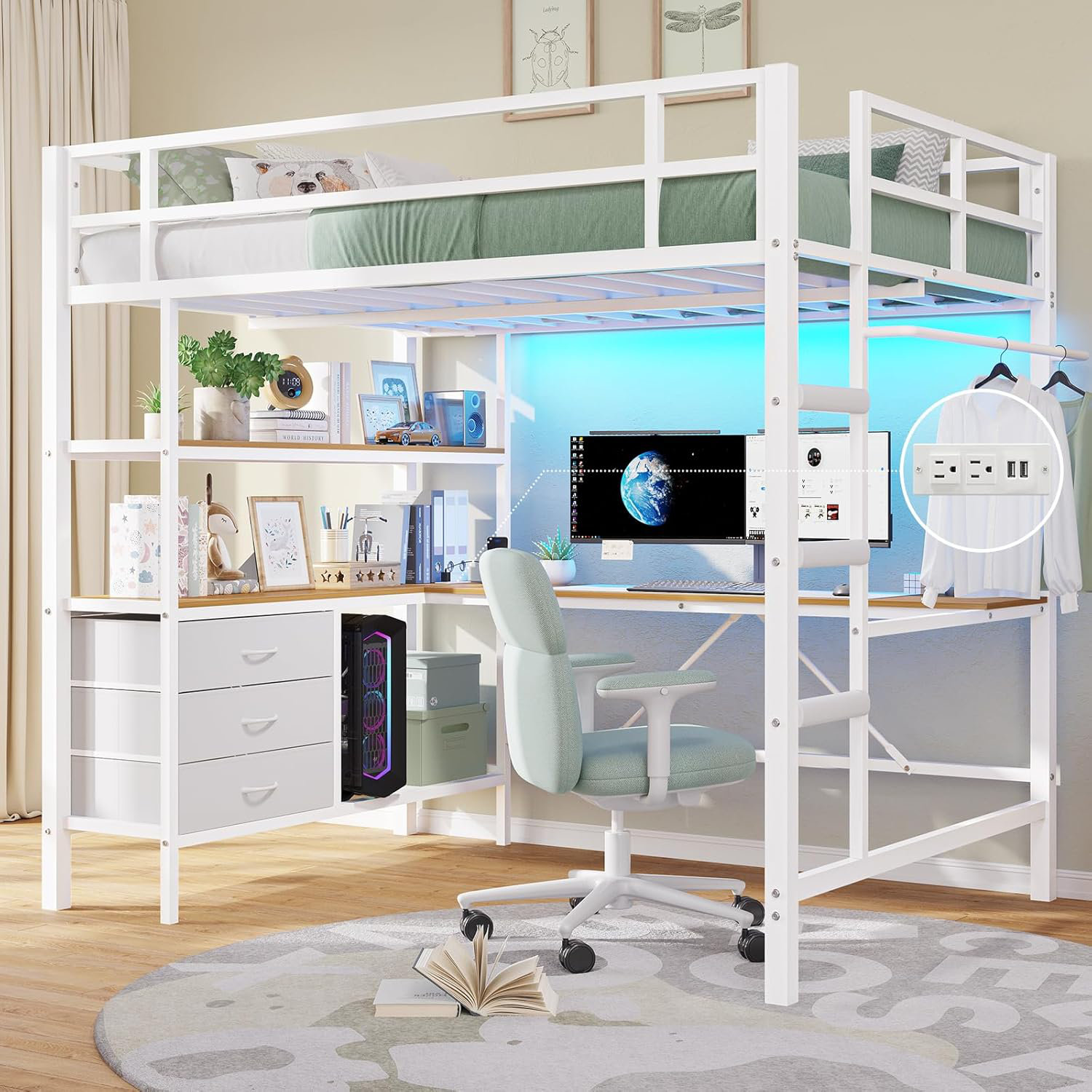 Mason & Marbles Full Size Loft Bed With L-Shaped Desk And Charging ...