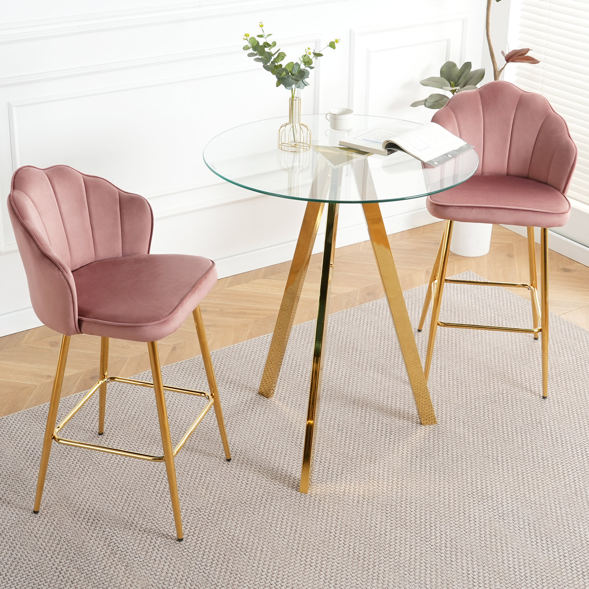 Mercer41 Velvet Bar Chairs With Gold- Metal Legs And Tempered Glass ...