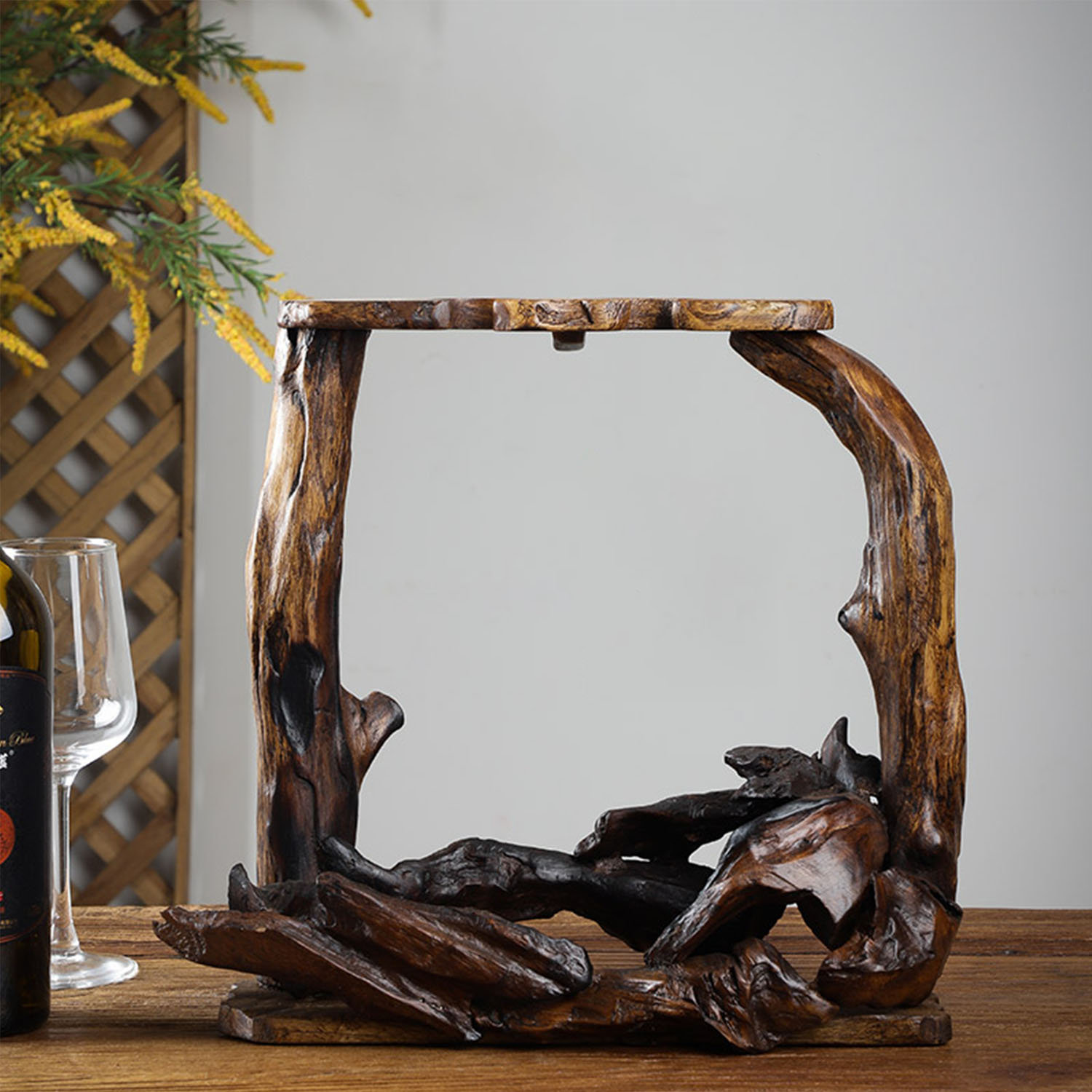 Millwood Pines Barira Solid Wood Tabletop Wine Bottle & Glass Rack in Brown | Wayfair