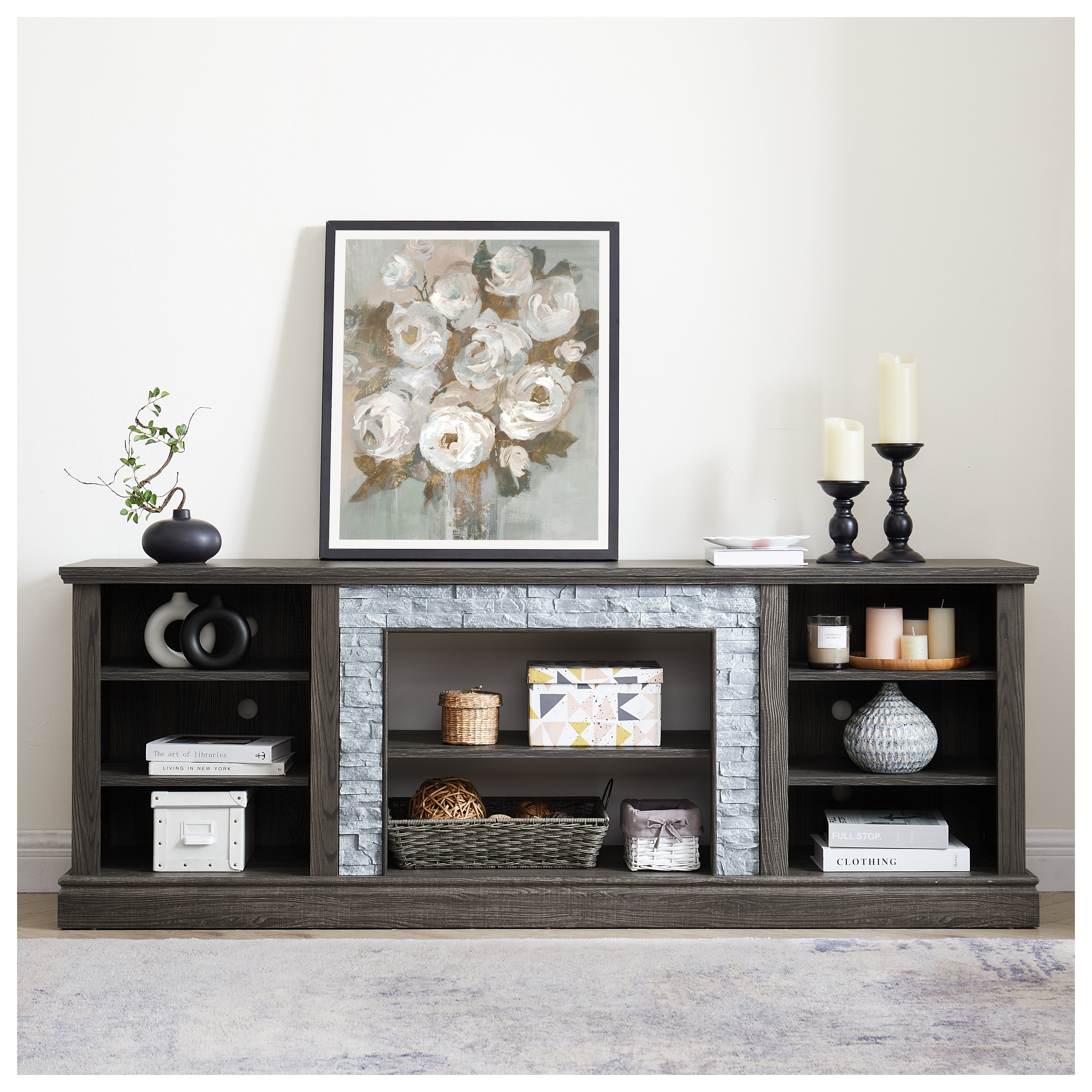 Ophelia & Co. 70 Inch Grey TV Stand with Faux Stacked Stone Surround ...