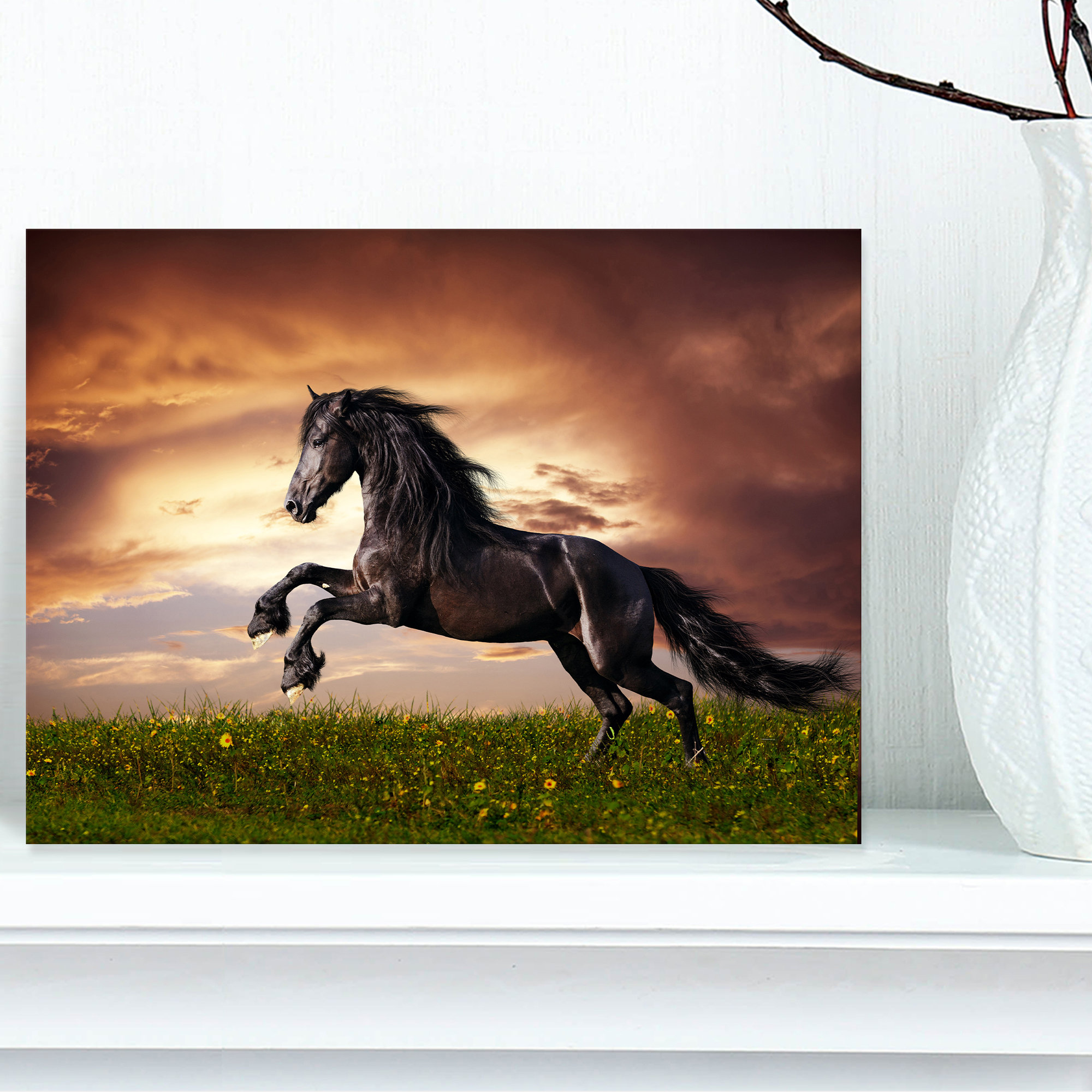 Design Art 'Black Friesian Horse Gallop' Graphic Art on Wrapped Canvas ...