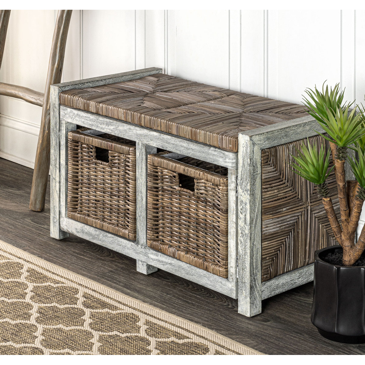 happimess Rustic 30" 2 Drawer Wicker Storage Bench, Gray & Reviews ...