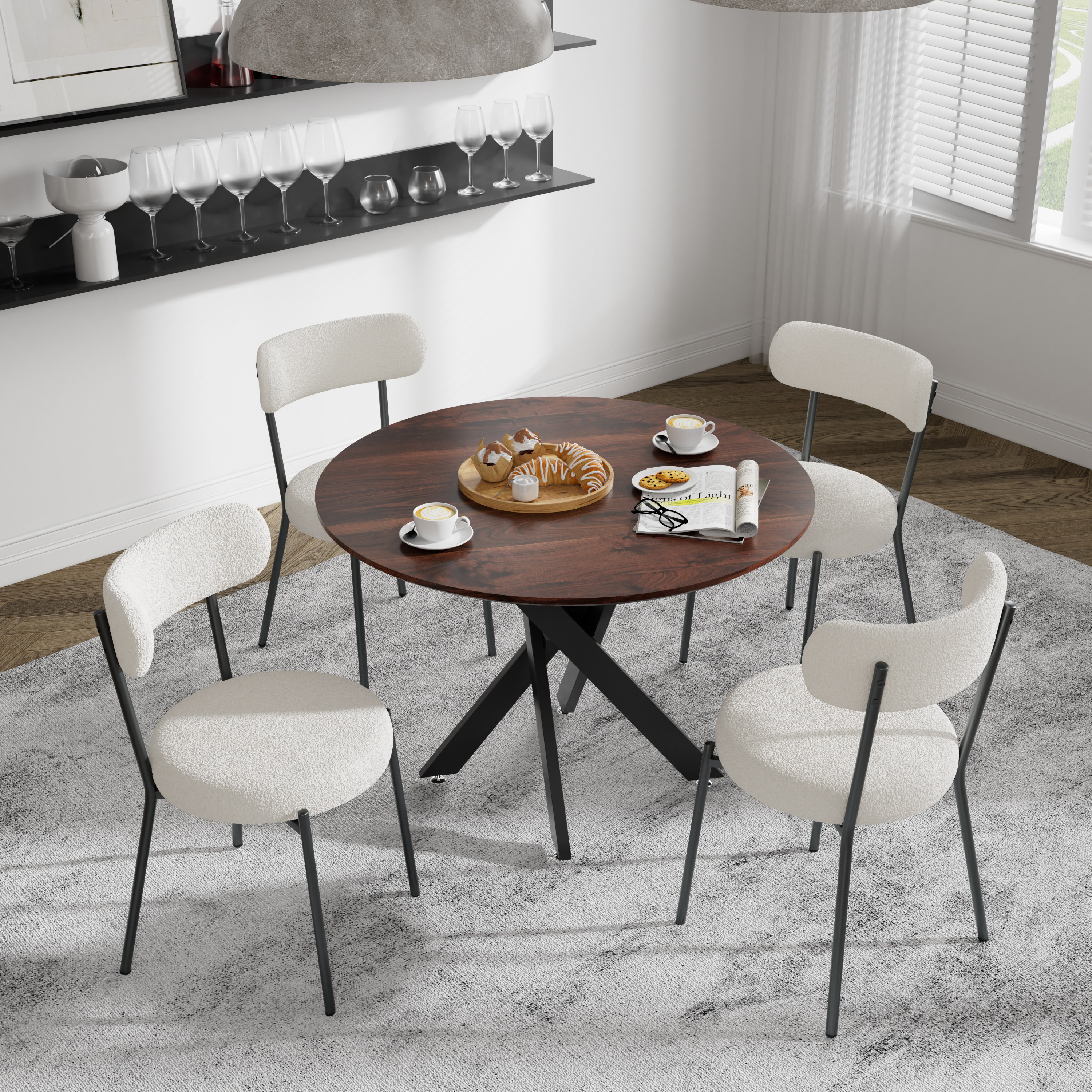 Mercer41 5 Piece Dining Set, 42 Inch Round Dining Table and 4 Teddy ...
