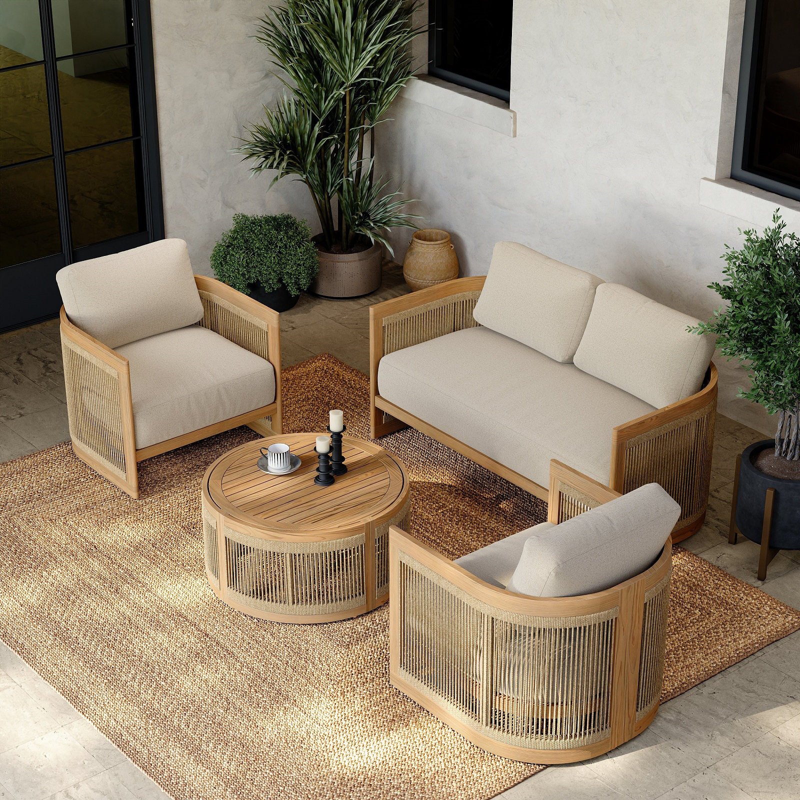 Hokku Designs 4-Pieces Beige Teak Hand Woven Rope Outdoor Sofa Set ...