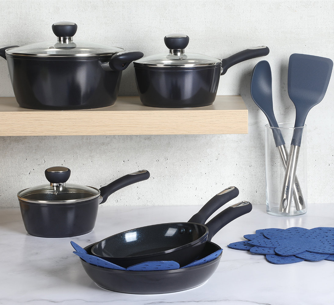 Oster Hawke 14 Piece Aluminum Premium PFA Free Ceramic Nonstick Blue Saphirre Pots and Pans ...