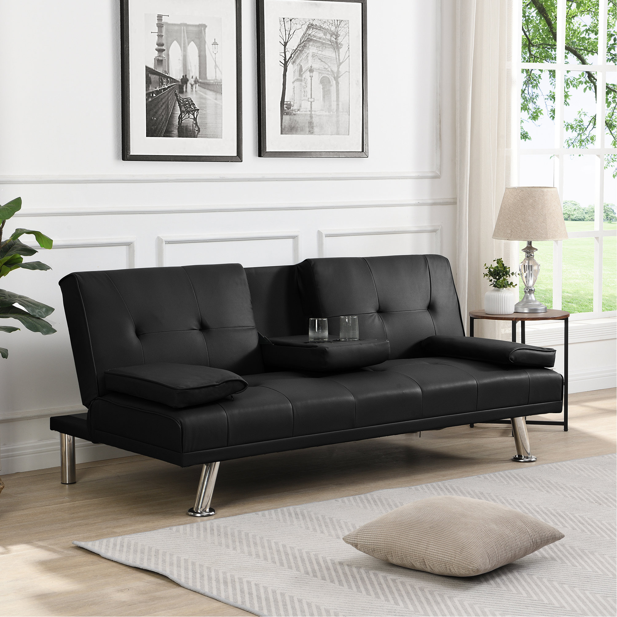 Latitude Run® Sofa Bed With Armrest Two Holders Wood Frame, Stainless ...