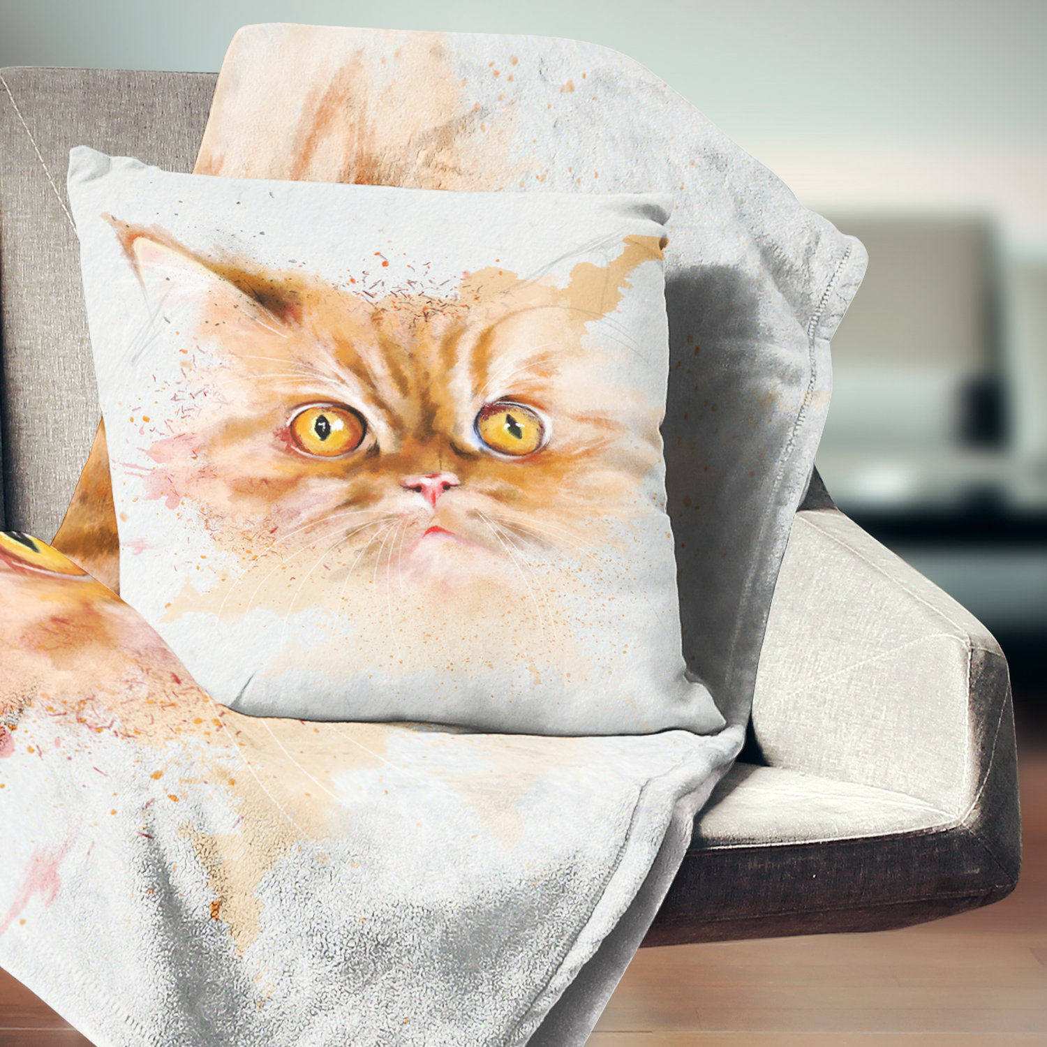 Design Art Serious Cat Face Watercolor Sketch - Animal Printed Pillow ...