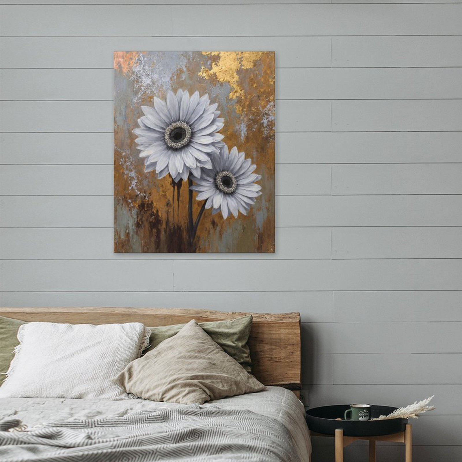Mercer41 Silver Gerbera Daisies With Gold Background, Built-In Wooden ...