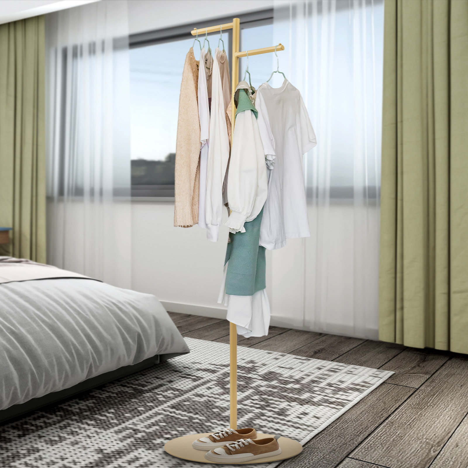 Mercer41 Freestanding Gold Steel Coat Rack With Two Hanging Rods ...