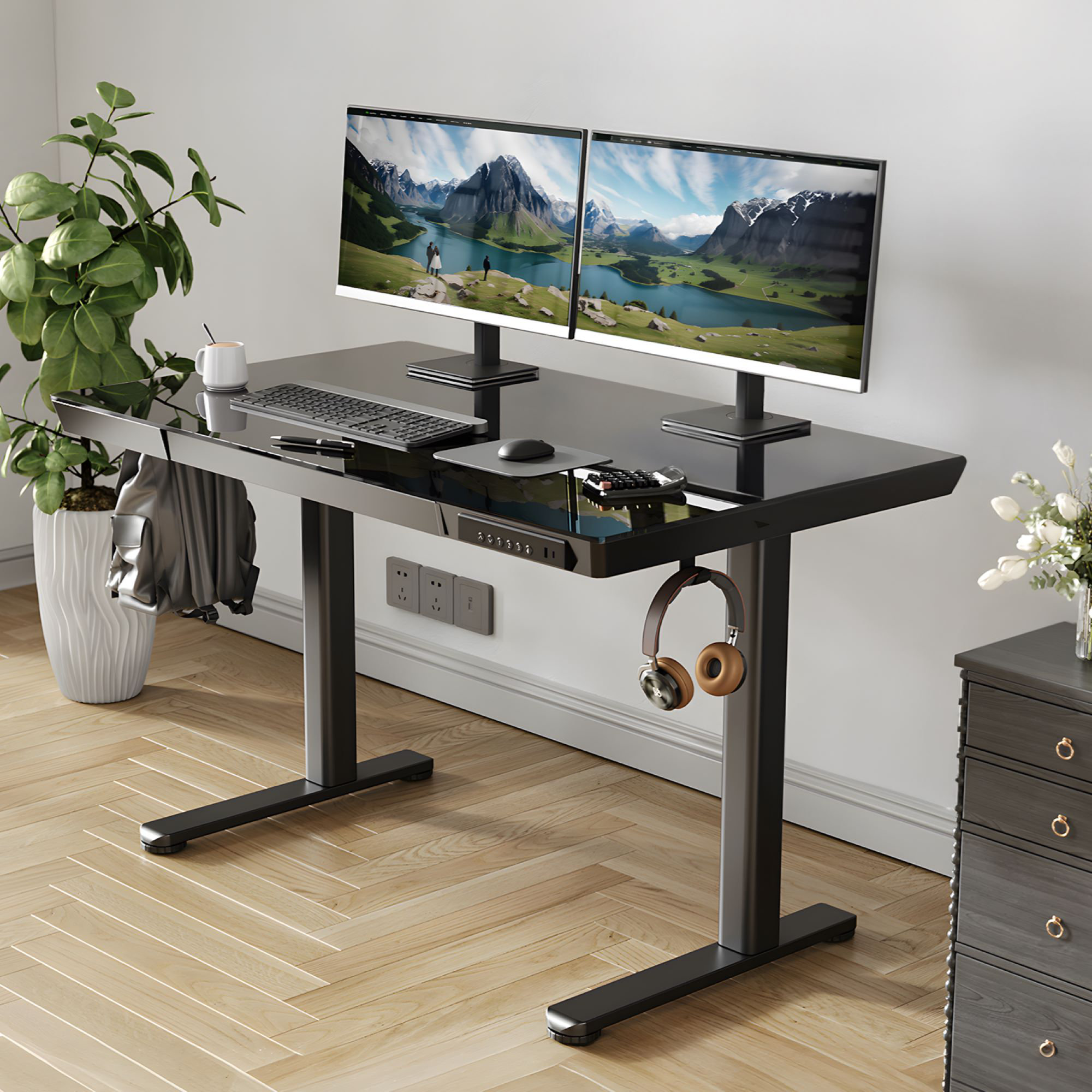 Ebern Designs Seila Glass Top Height Adjustable Standing Desk with USB ...