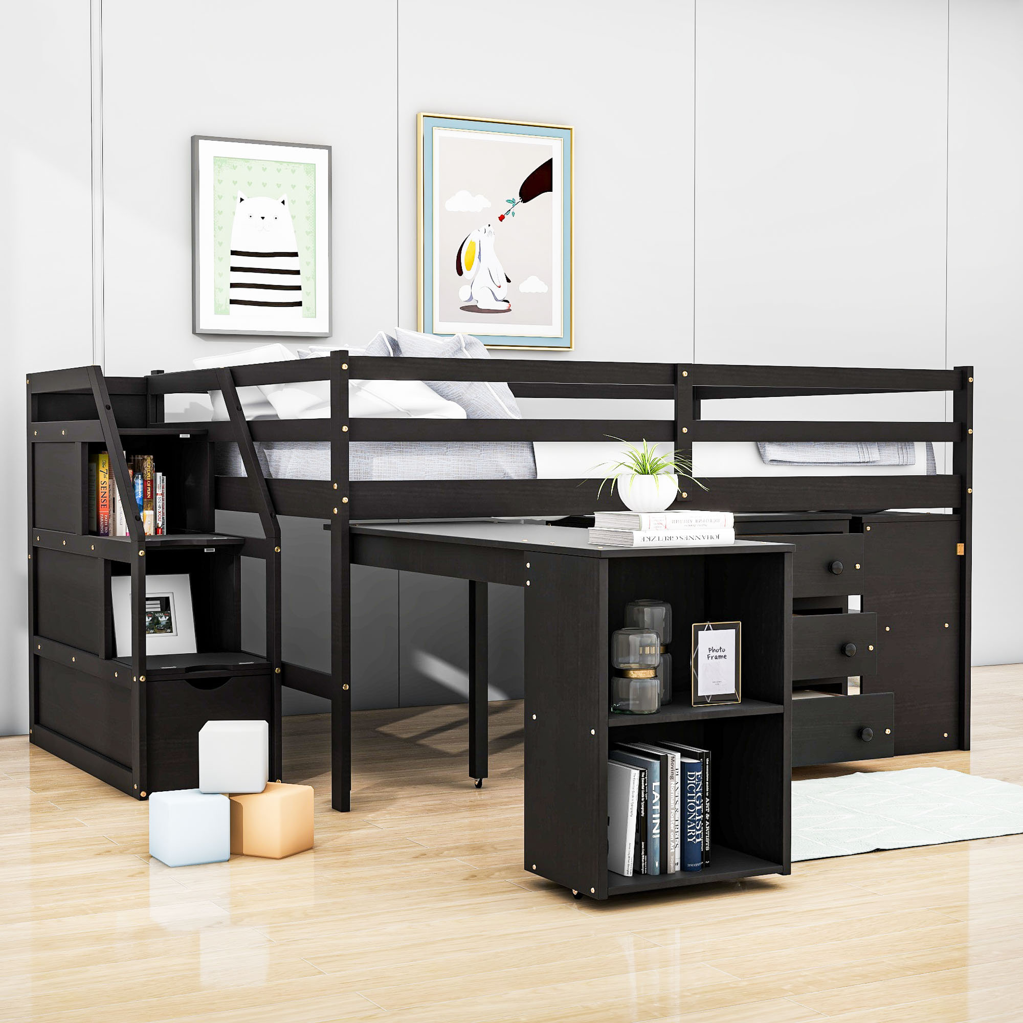 Harriet Bee Longmeadow Wood 3 Drawers Loft Bed with Retractable Desk ...