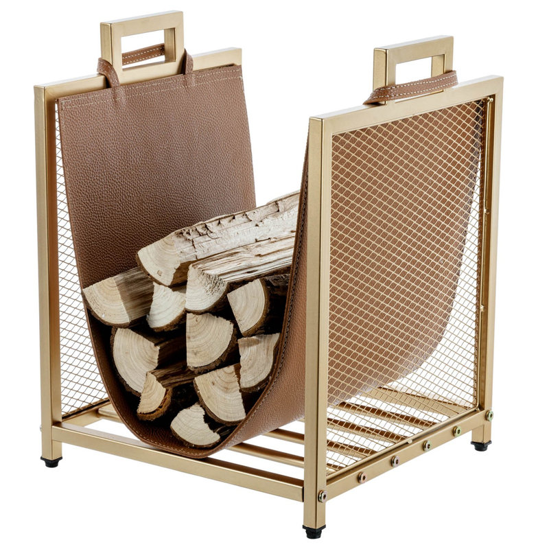 Latitude Run® Brown Leatherette Firewood Log Rack With Gold Decorative ...