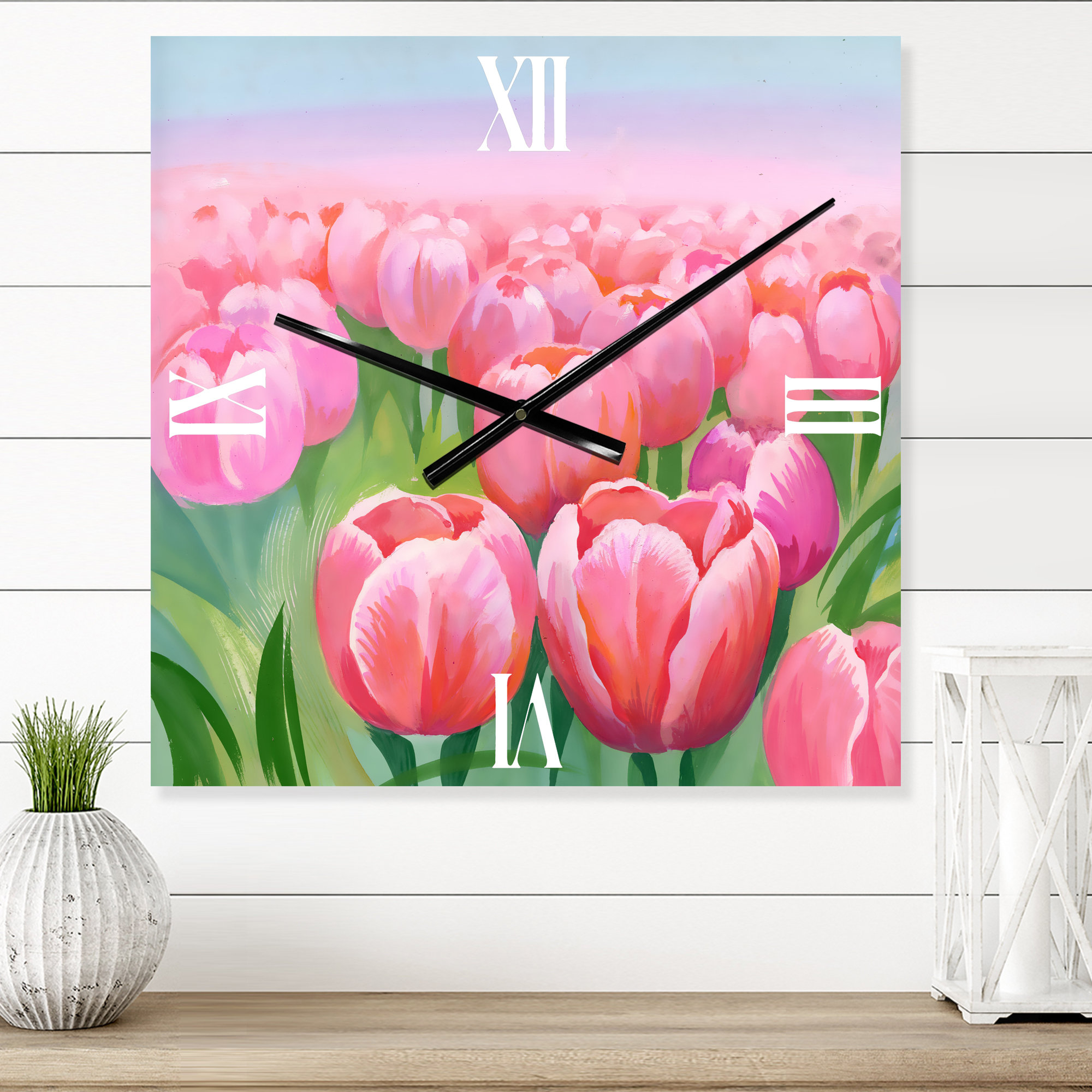 East Urban Home Field of Pink Tulips - Traditional Wall Clock | Wayfair