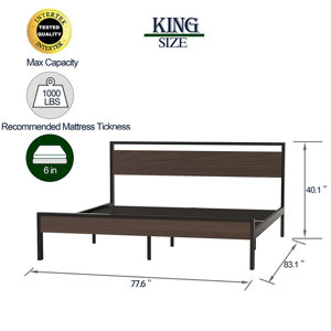 17 Stories Sederick 40'' Metal and Wood Bed Frame, Walnut Headboard and ...