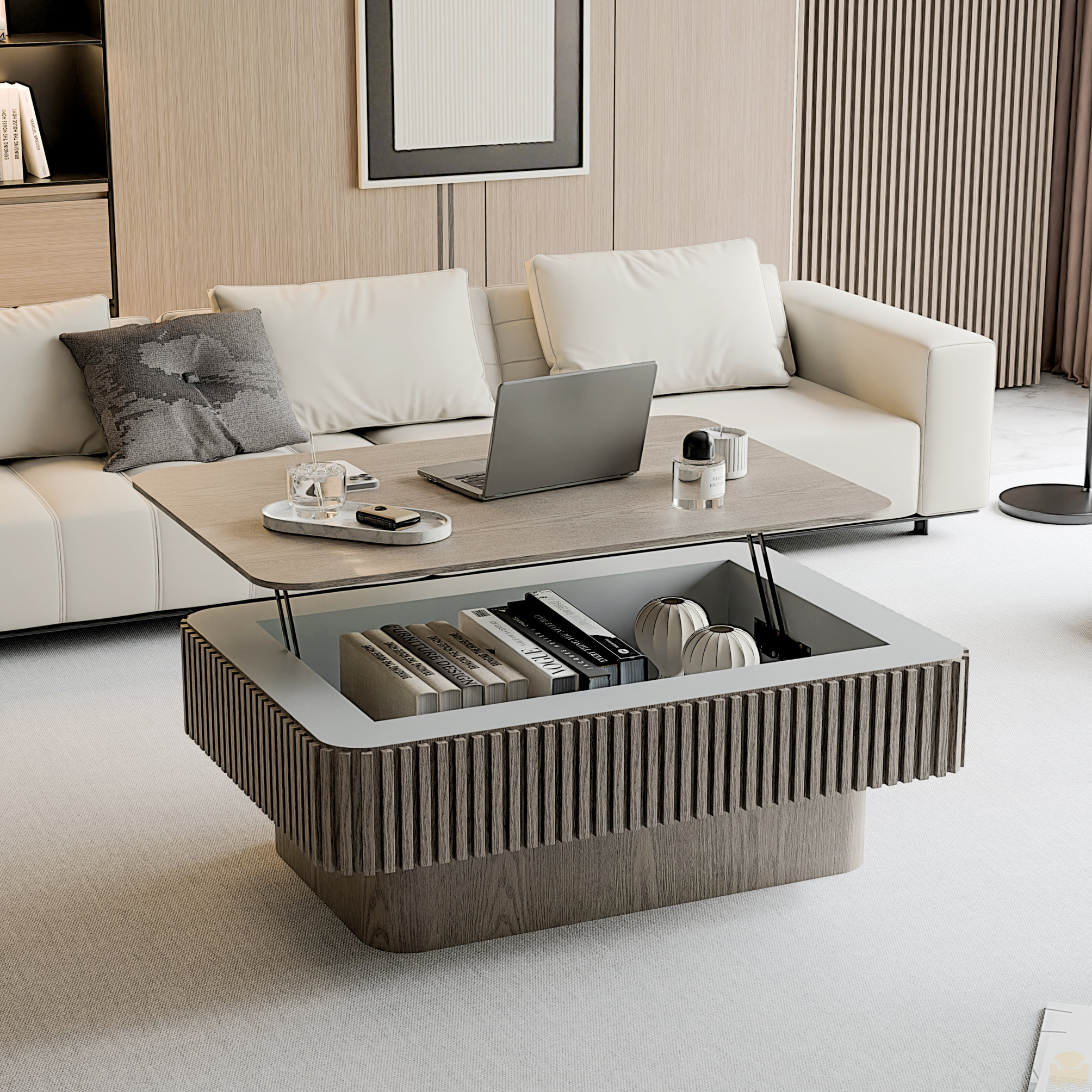 George Oliver 38.6'' Fluted Lift-Top Coffee Table Solid Wood Veneered ...